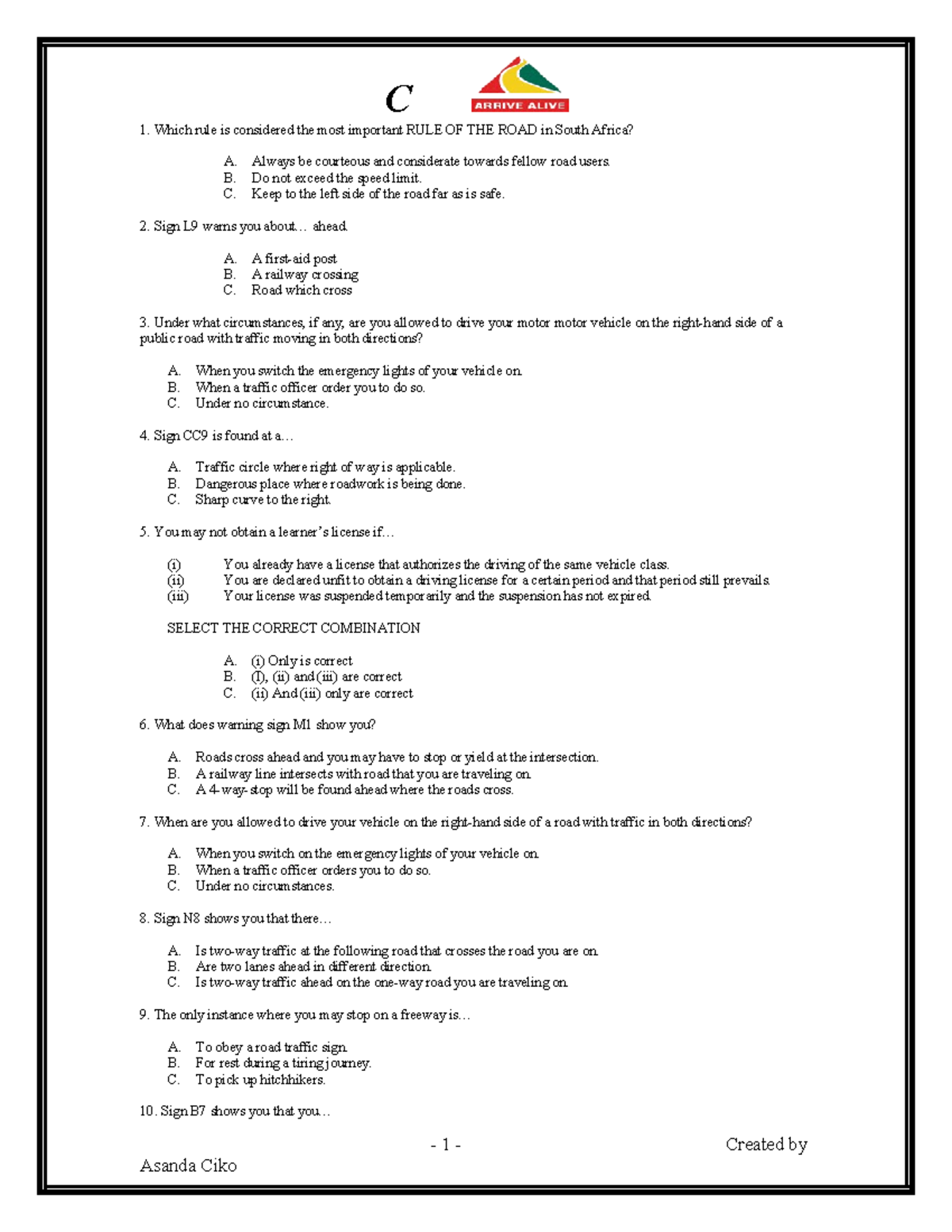 Road Traffic Rules & Signs: Learner's License Study Guide (CODE 1, 2, 3 ...