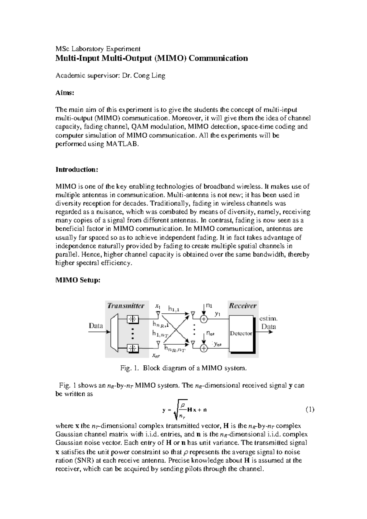 MSc MIMO Communication Lab Experiment: Concepts & Simulations - Studocu