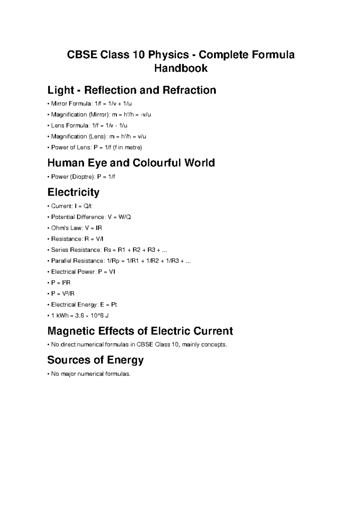 CBSE Class 10 Physics: Complete Formula Handbook on Light & Electricity ...