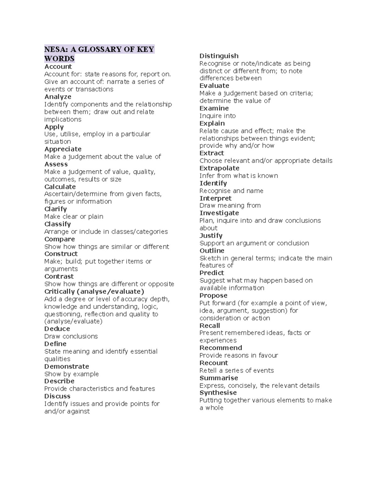 NESA Verb Exam: Definitions, Usage, and Requirements Guide - Studocu