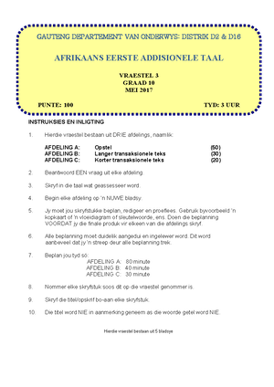 Afrikaans Junie EXAM - grade 8 - AFRIKAANS EERSTE ADDISIONELE TAAL VRAESTEL 1 GRAAD 8 JUNIE 2023 ...