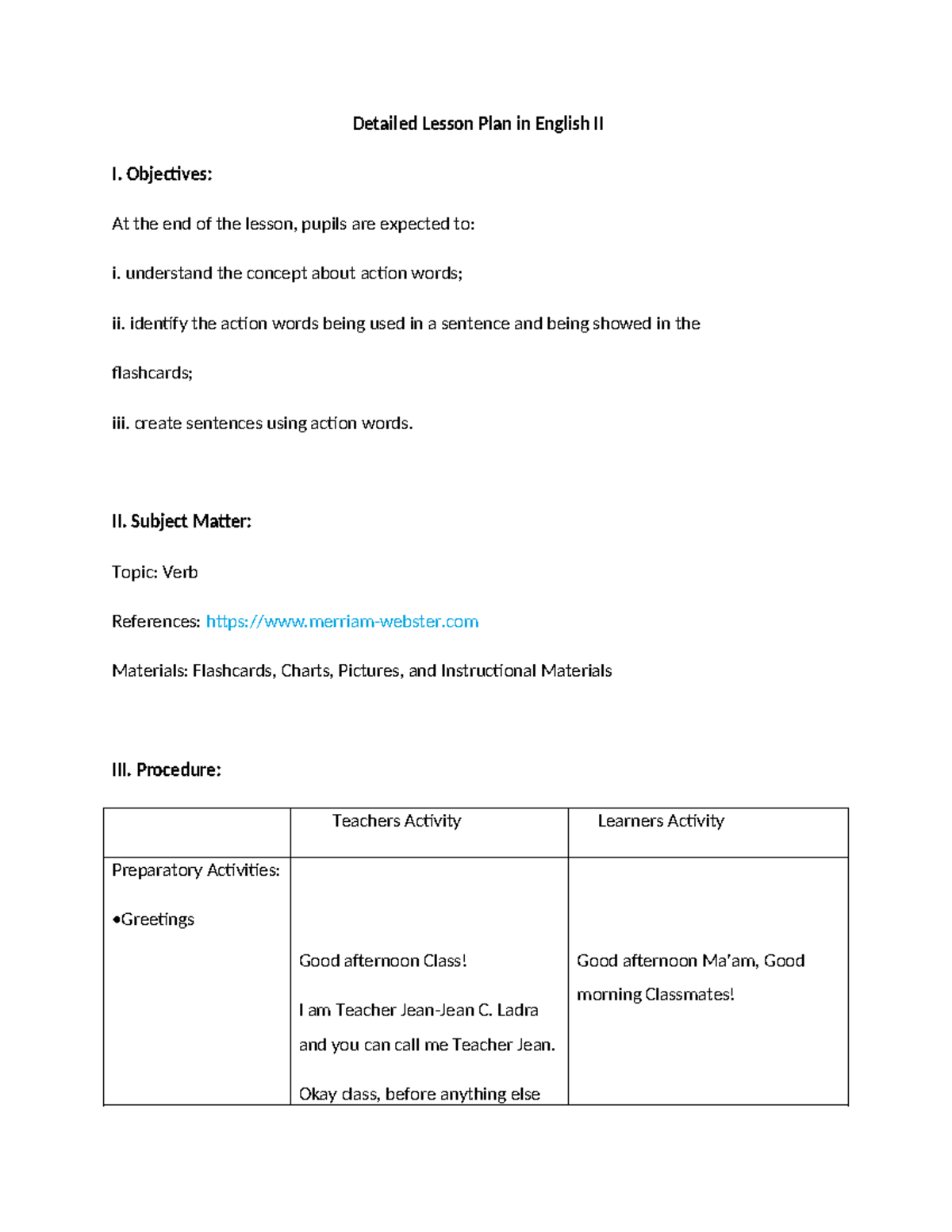 Detailed Lesson Plan (DLP) in English II: Understanding Action Words ...