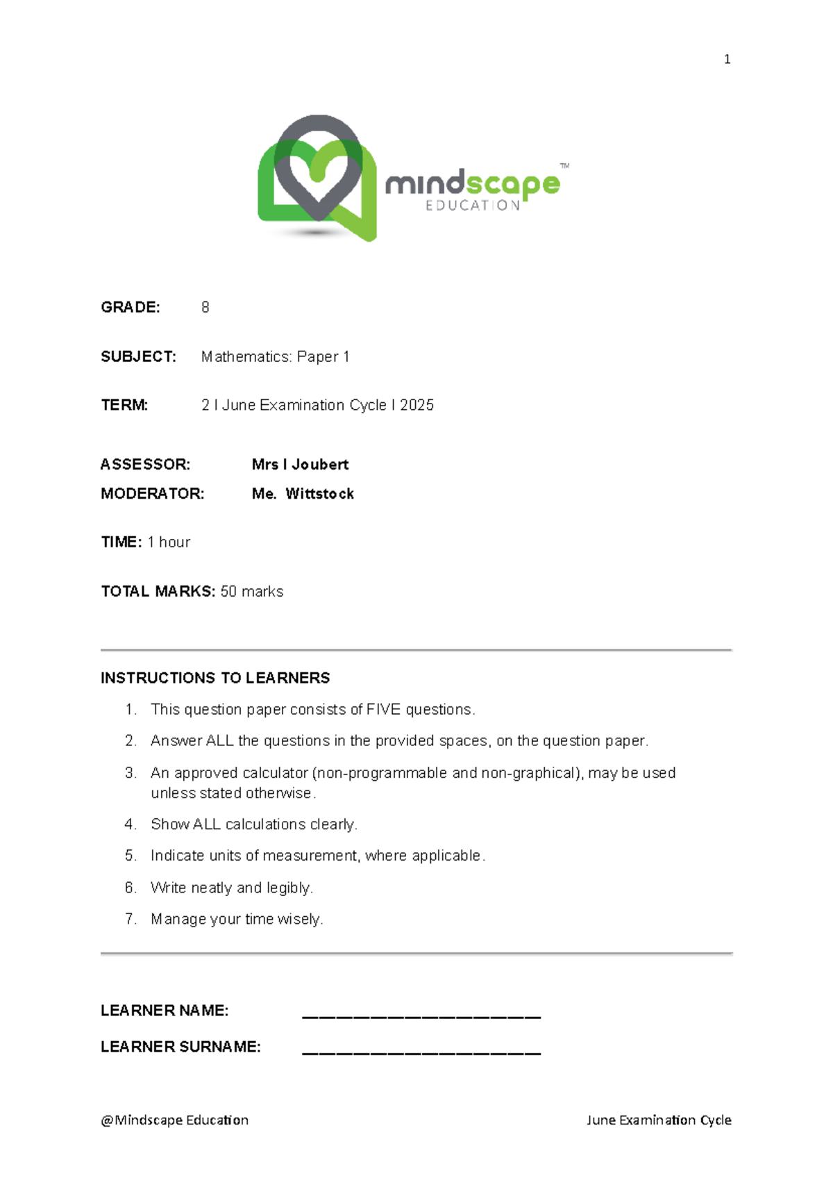 Grade 8 Mathematics Paper 1 June Exam 2025 - Jozlyn - Studocu