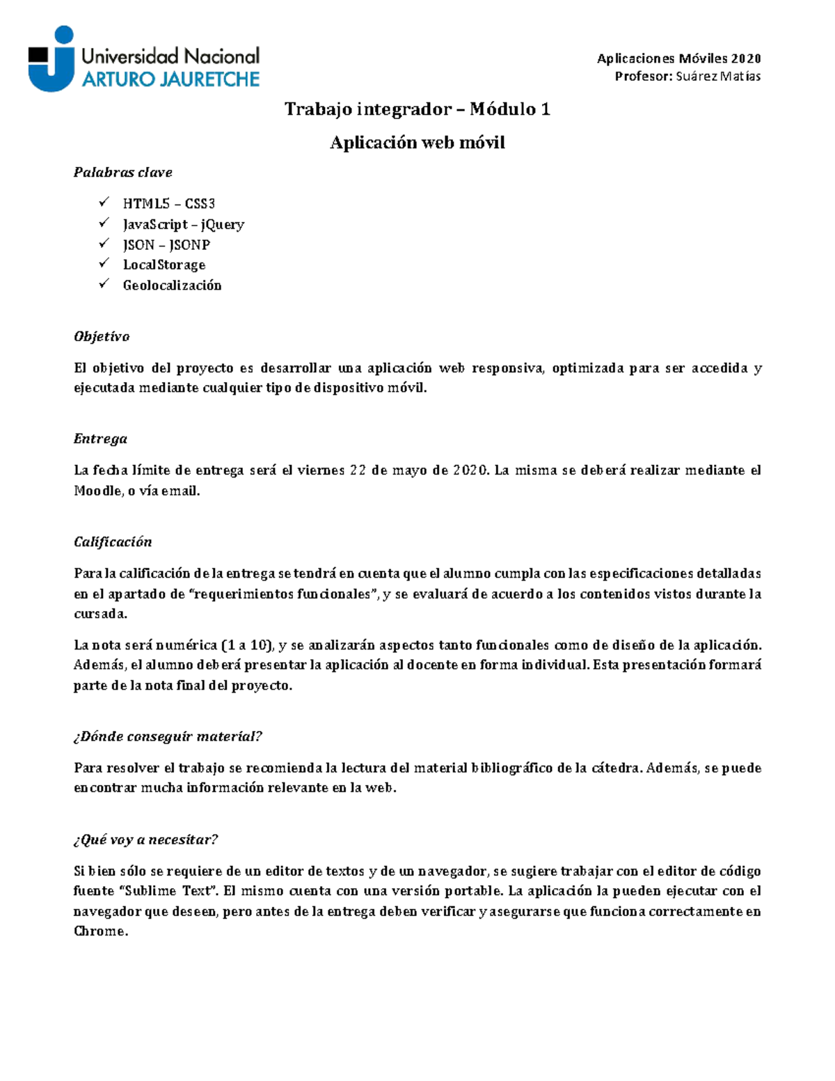 Trabajo Integrador Módulo 1 - Aplicación Web Móvil 2020 - Studocu