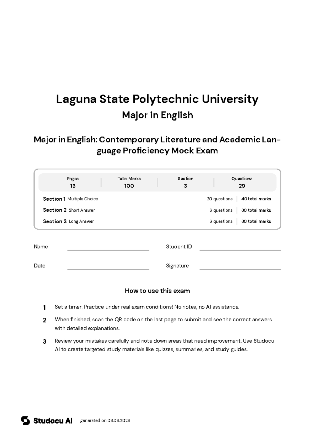 Major in English: Contemporary Literature Mock Exam - Studocu