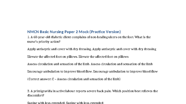 NMCN Basic Nursing Paper 2 Mock: Practice Questions & Answers - Studocu