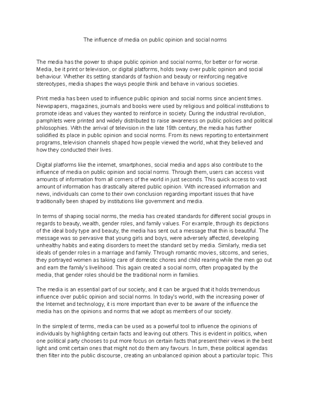 The influence of media on public opinion and social norms - Media, be ...