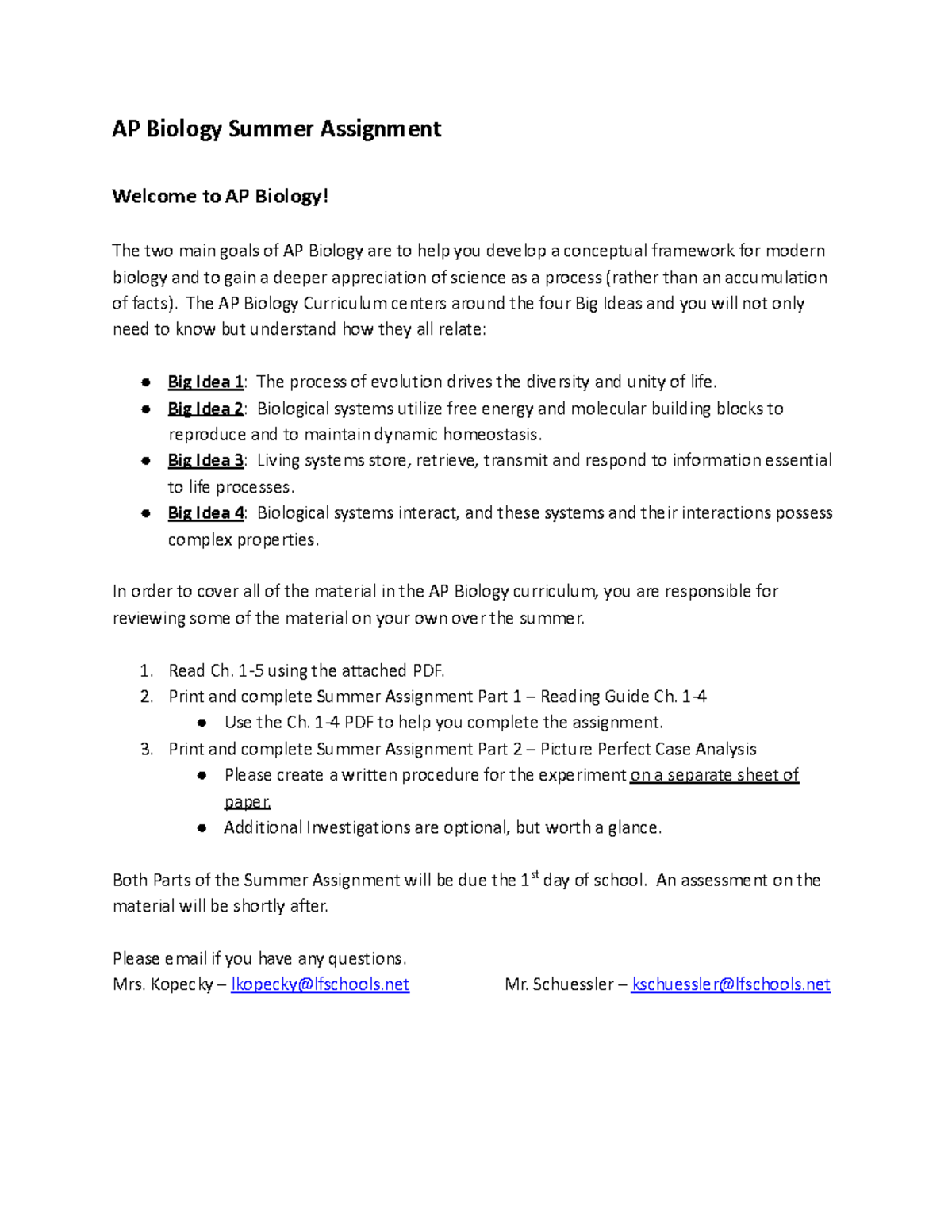 Bio assignment overview - AP Biology Summer Assignment Welcome to AP ...
