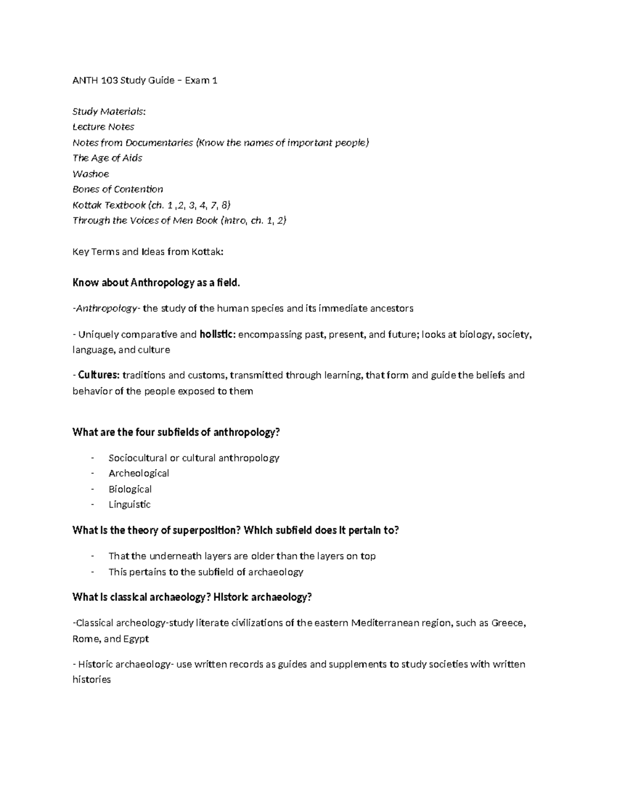 ANTH 103 Study Guide: Exam 1 Lecture Notes & Key Concepts - Studocu
