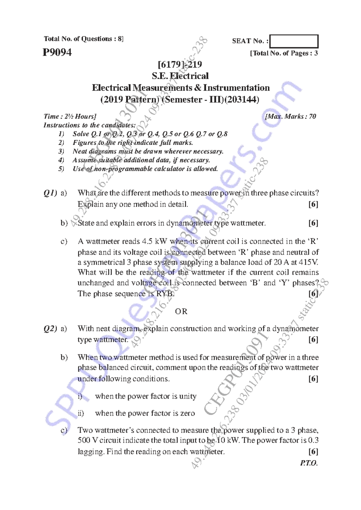 Electrical Measurements & Instrumentation (EM-I) - Semester 3 Exam ...