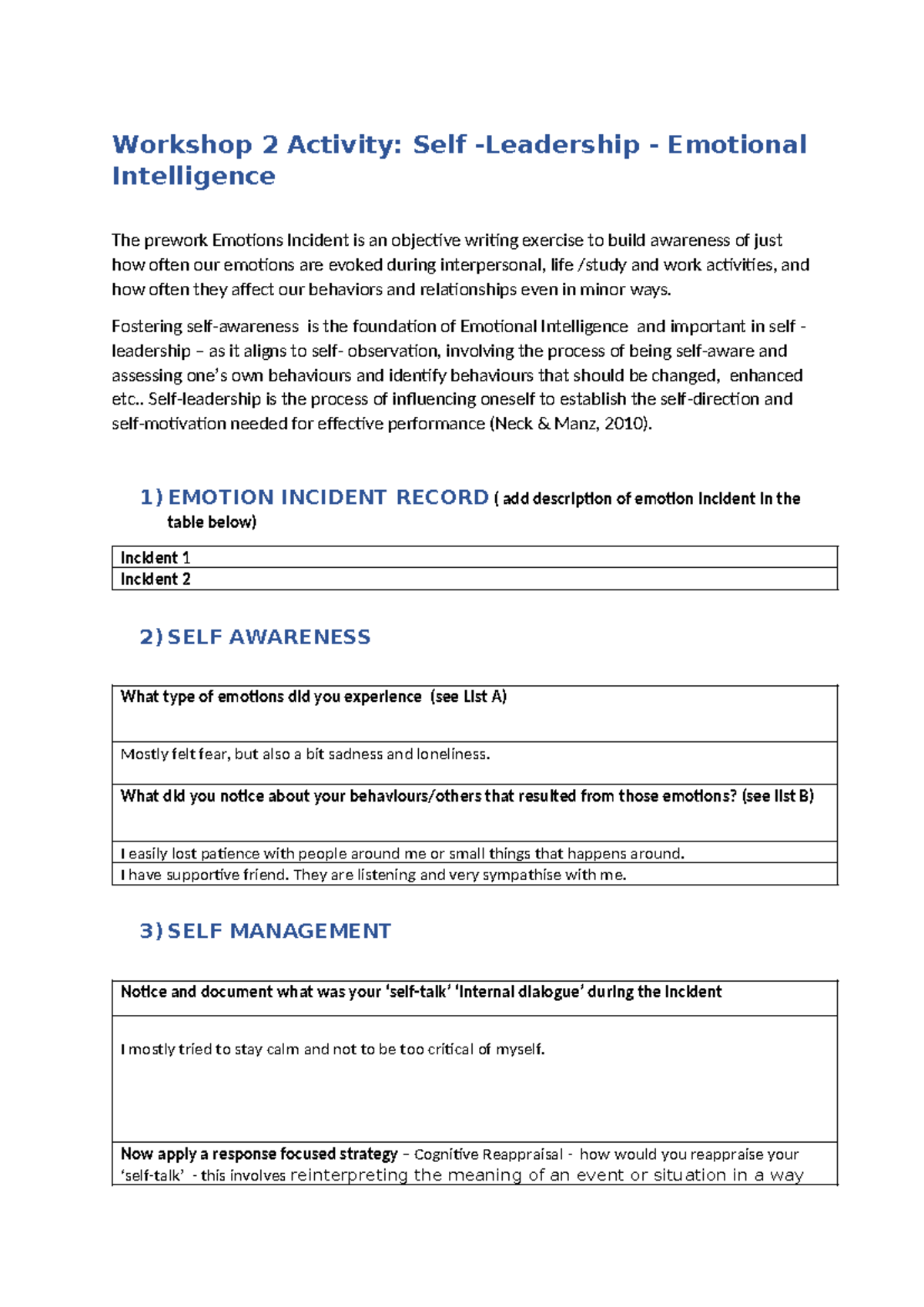 BUSS2000 W2: Emotional Intelligence Workshop 2 Activity Worksheet - Studocu