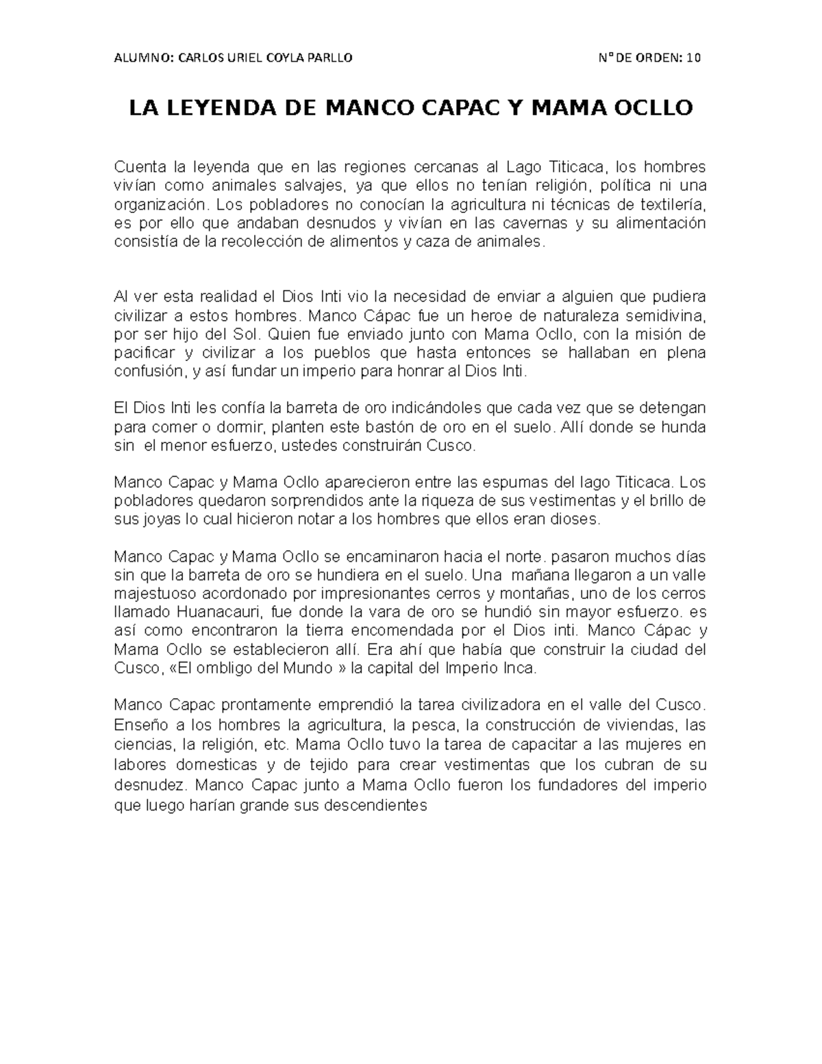 LA Leyenda DE Manco Capac Y MAMA Ocllo - ALUMNO: CARLOS URIEL COYLA ...