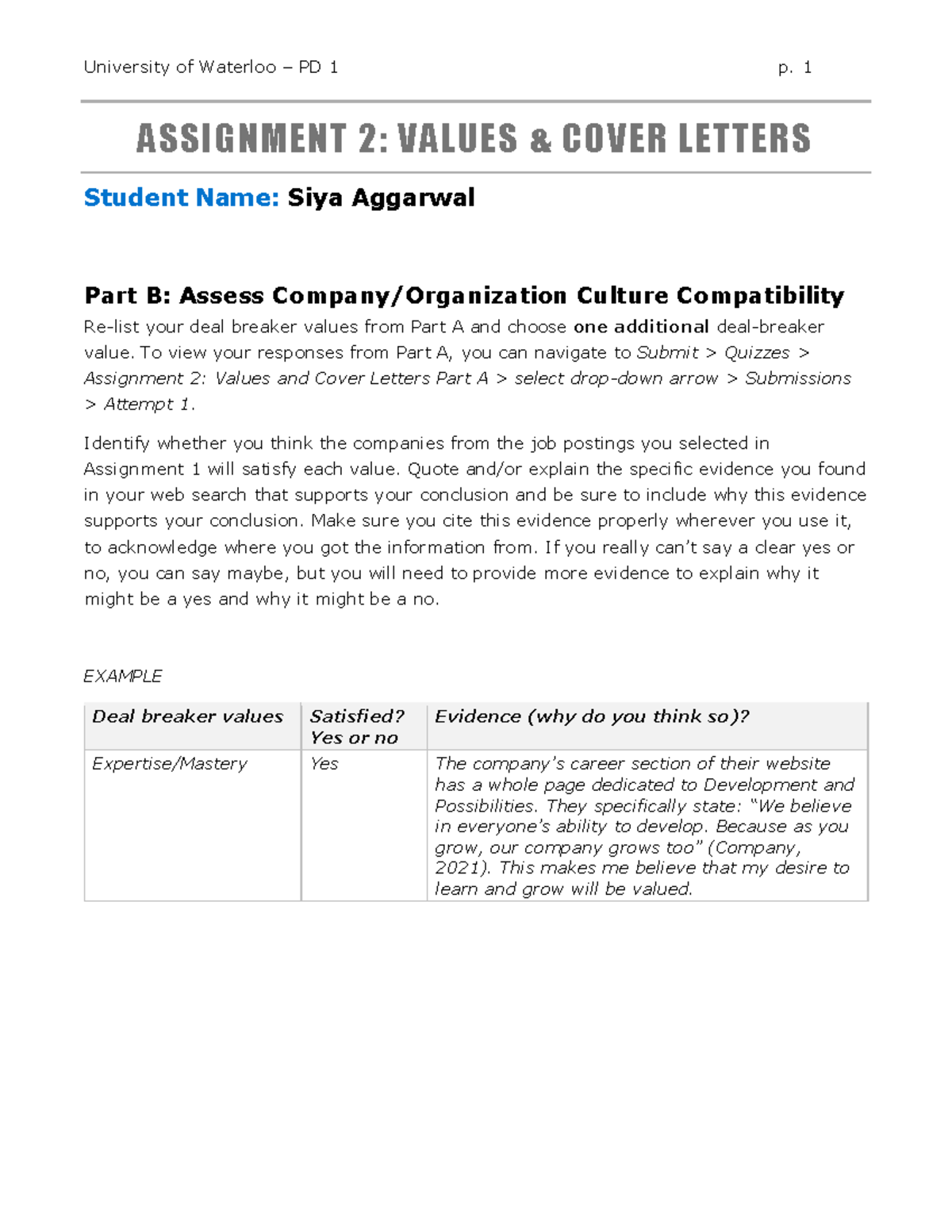 Assignment 2 Values Assessment & Cover Letters Analysis - Studocu