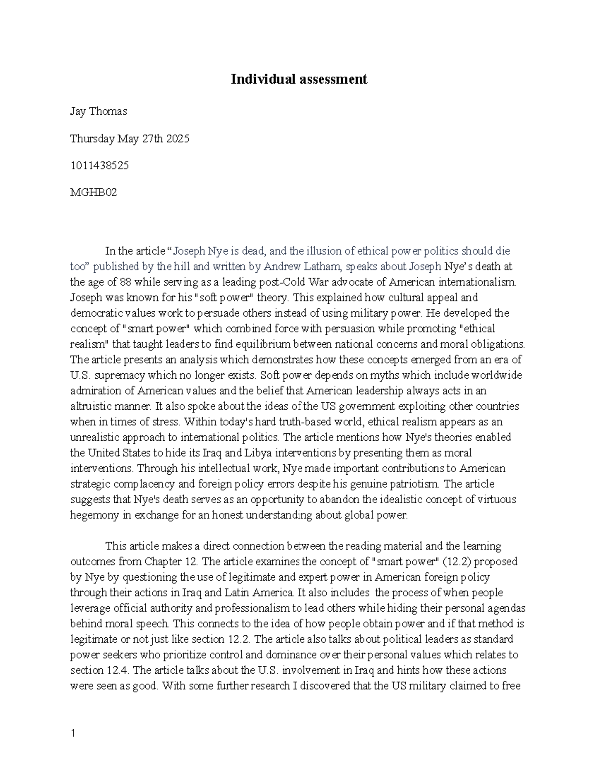 MGHB02 Individual Assessment: Analyzing Nye's Ethical Power Politics ...