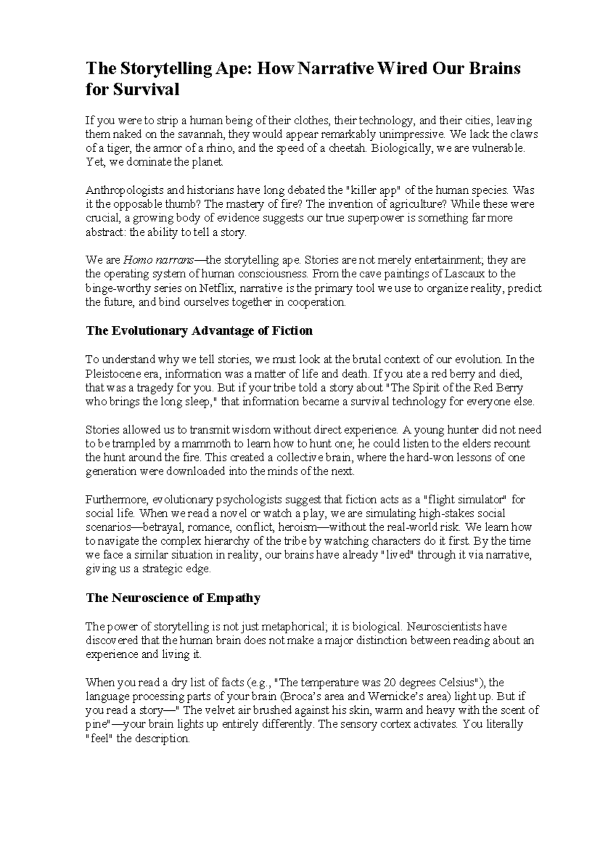 Bài 2 - The Storytelling Ape: How Narrative Shapes Our Survival - Studocu