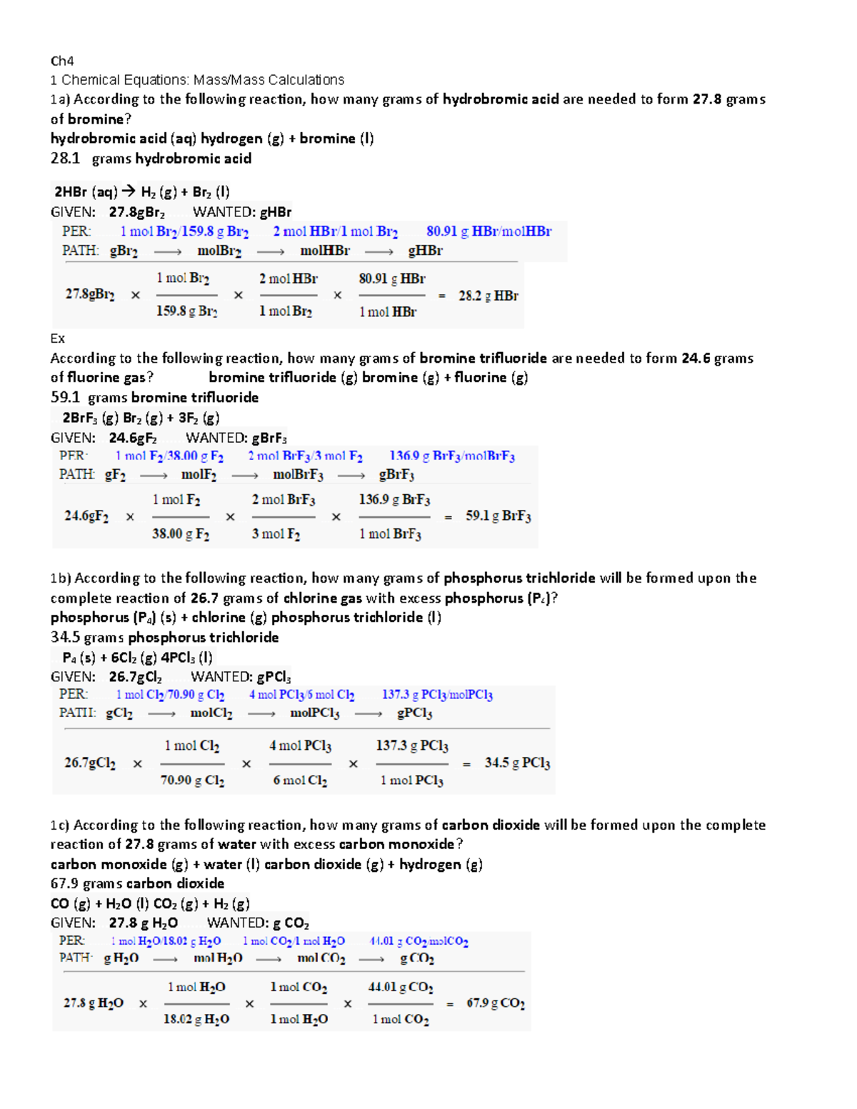 Ch4 - Cengage online webwork practice set for "Chemistry and Chemical Reactivity 10th - Ch 1 ...