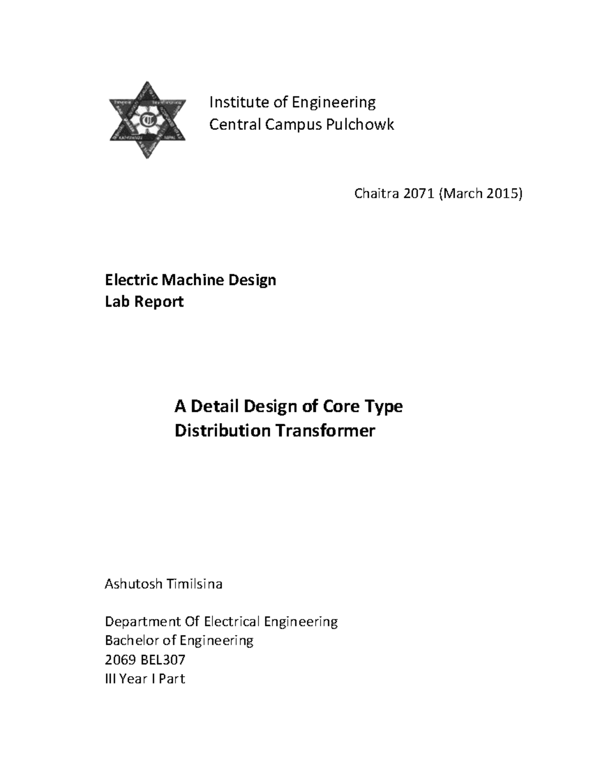 BEL307 Electric Machine Design Lab Report: 600KVA Transformer Design ...