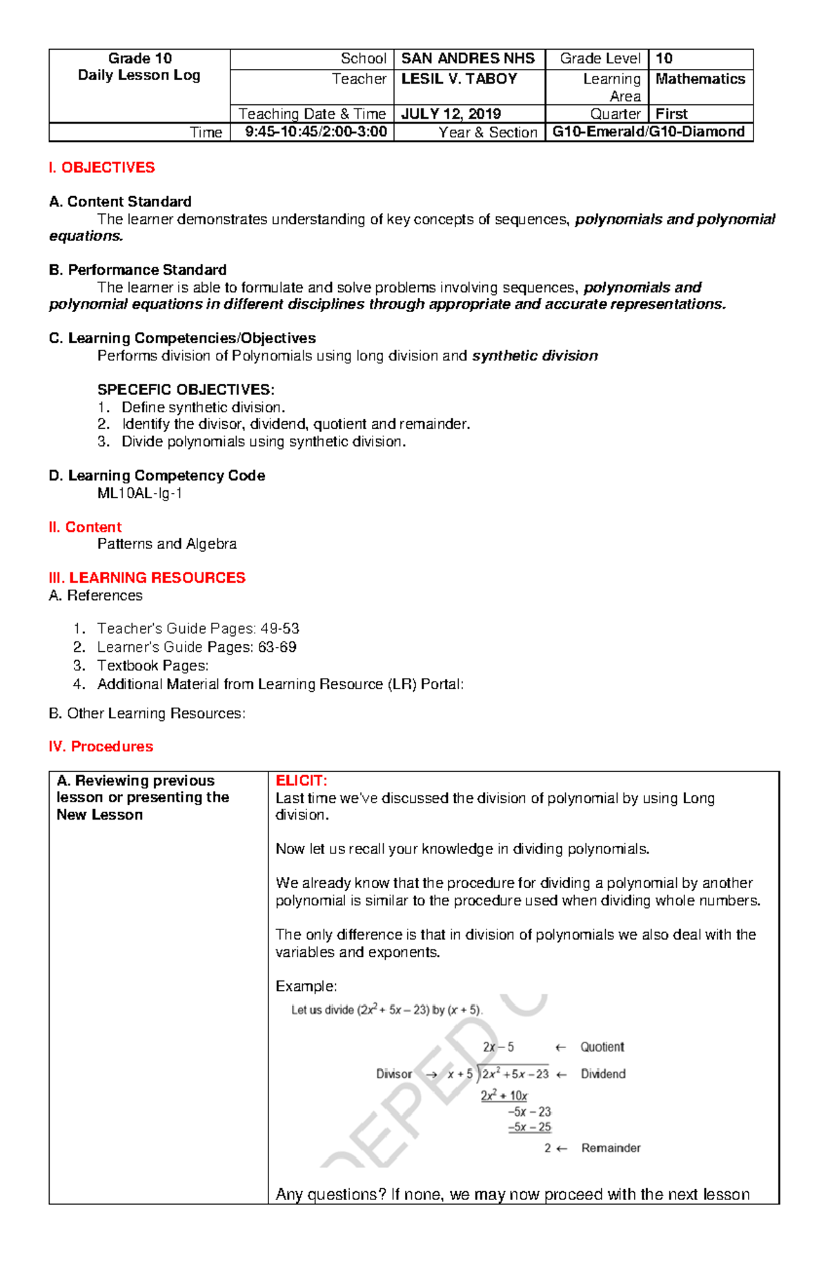 Pdfcoffee - Grade 10 Daily Lesson Log School SAN ANDRES NHS Grade Level 10 Teacher LESIL V ...