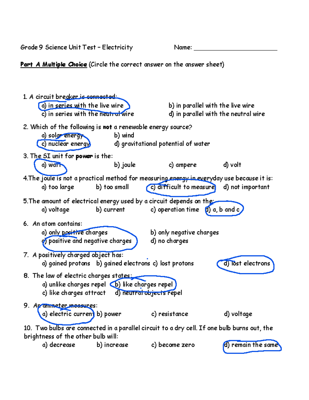 Grade 9 Science Unit Test: Electricity - Test 1 Overview & Questions ...