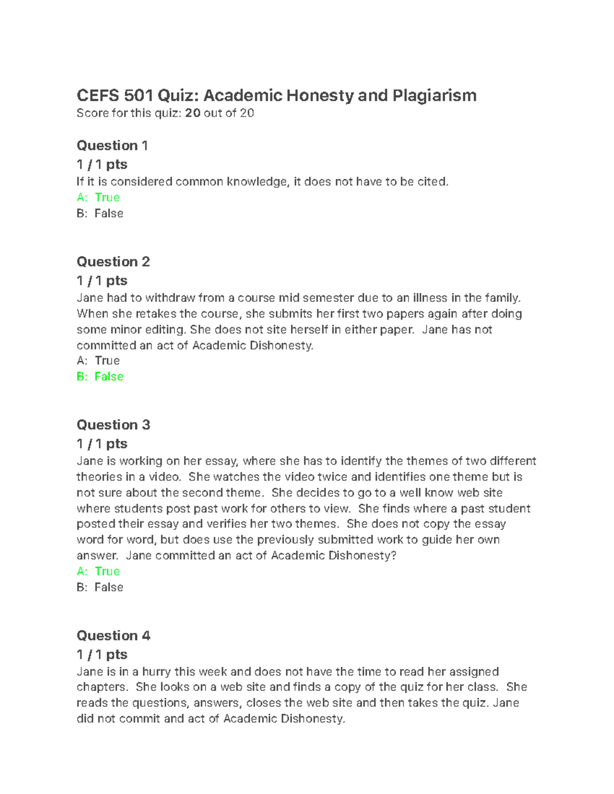 CEFS 501 Quiz- Academic Honesty and Plagiarism - CEFS 501 Quiz ...