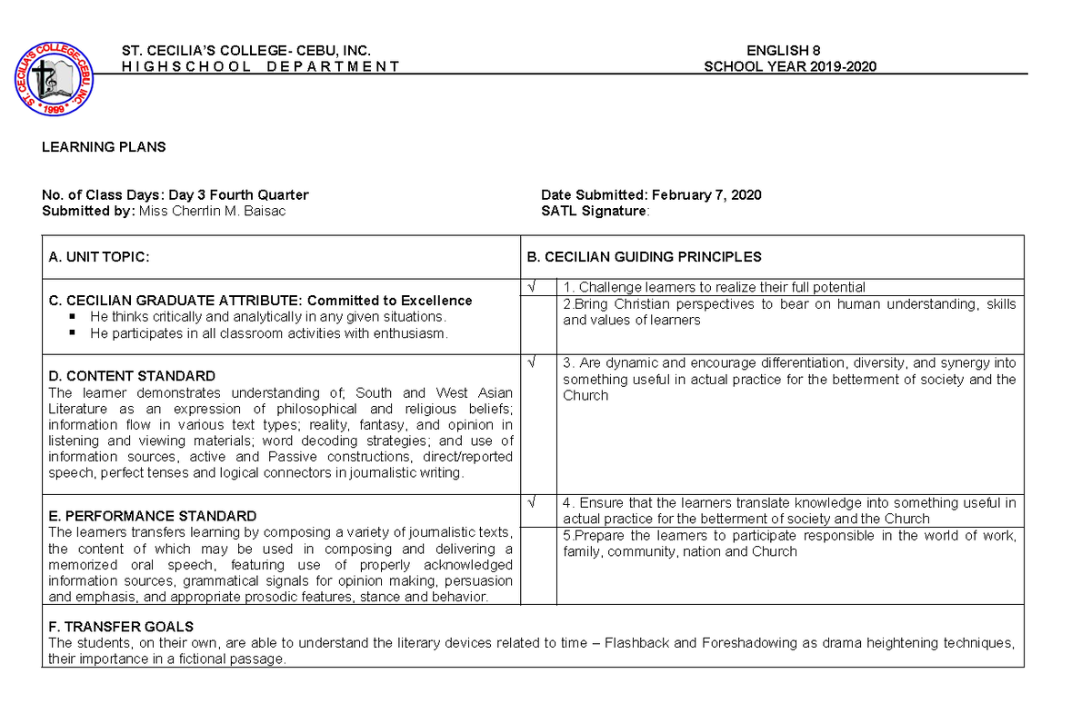 Lesson plan grade 8 day 3 - ST. CECILIA’S COLLEGE- CEBU, INC. H I G H S ...
