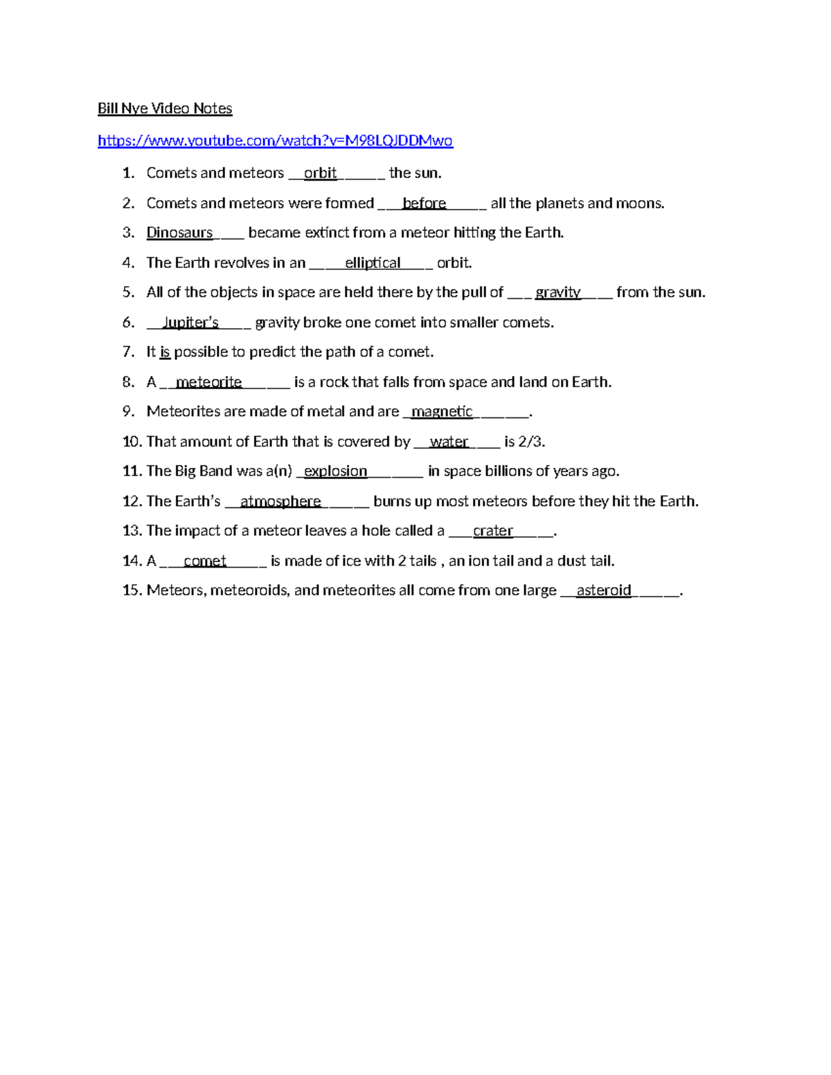 Lesson 24: Bill Nye S5E15 Comets & Meteors Video Notes - Studocu