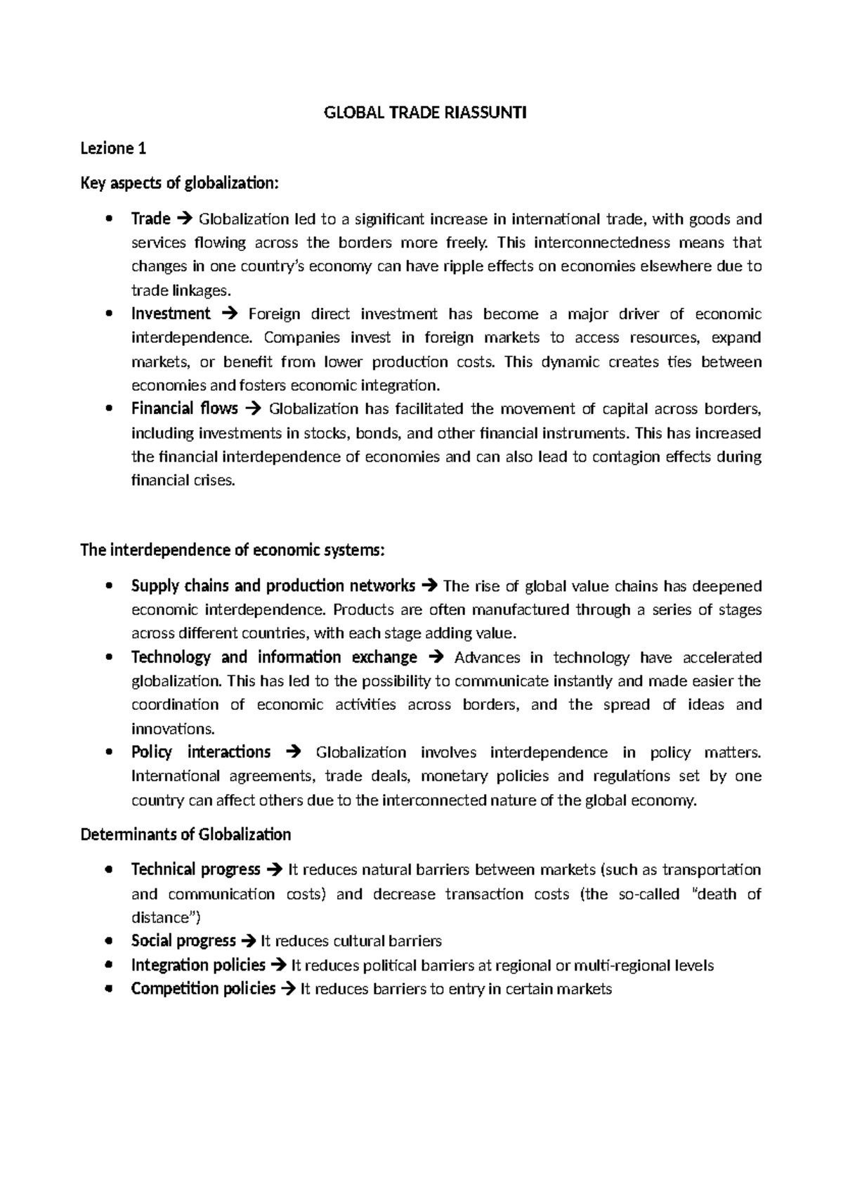 GLOBAL TRADE RIASSUNTI Lezione 1: Key Aspects of Globalization - Studocu
