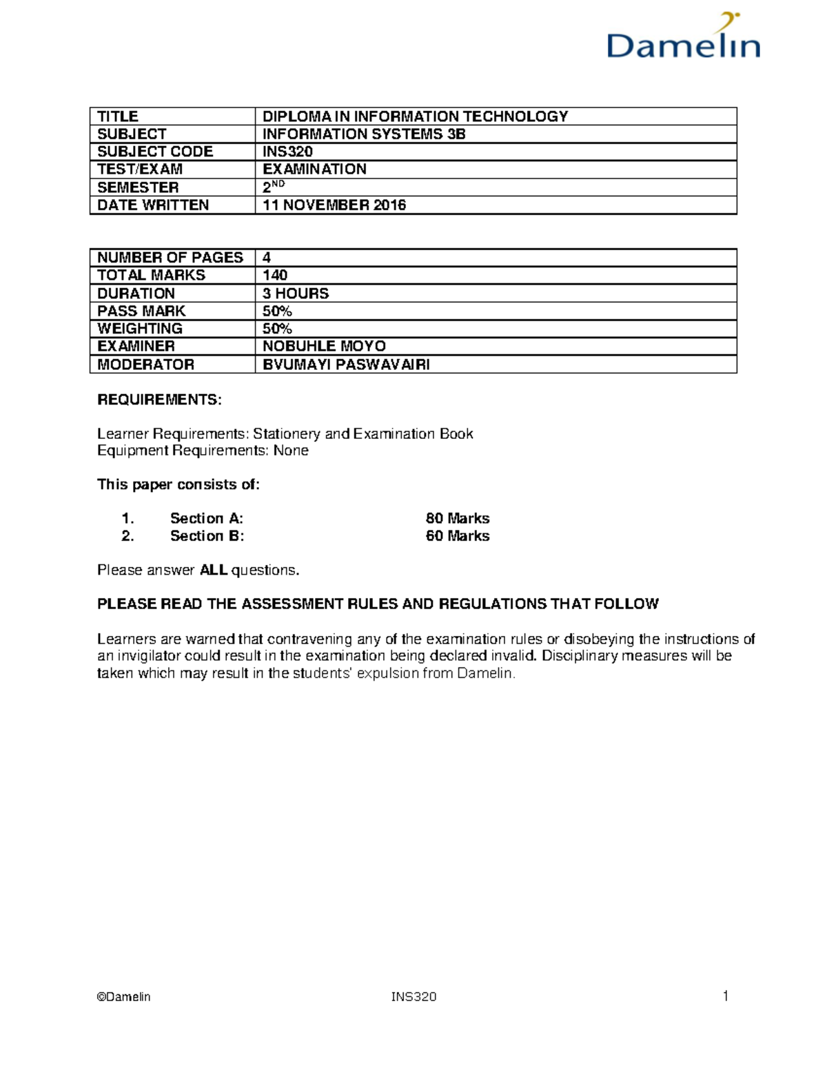 Information Systems 3B - Year 3 Exam Paper and Memo Summary - Studocu