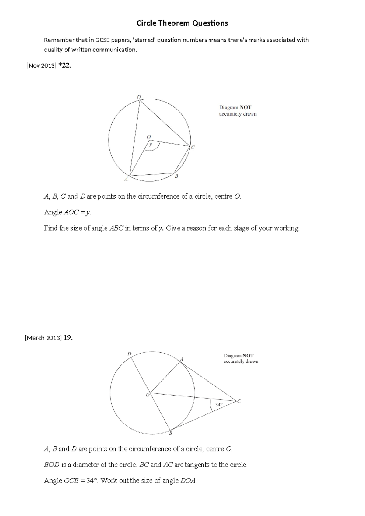 circle questions higher doc - Circle Theorem Questions Remember that in ...