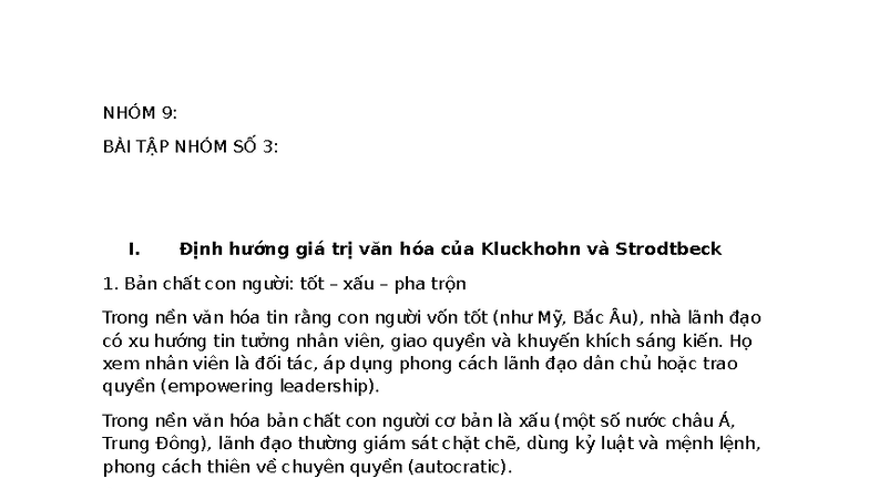 NHÓM 9 - eee - NHÓM 9: BÀI TẬP NHÓM SỐ 3: I. Định hướng giá trị văn hóa ...