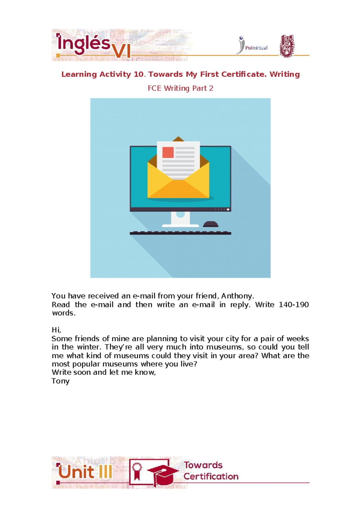 Activity 10 towards my first certificate writing - Inglés Iv - Learning ...