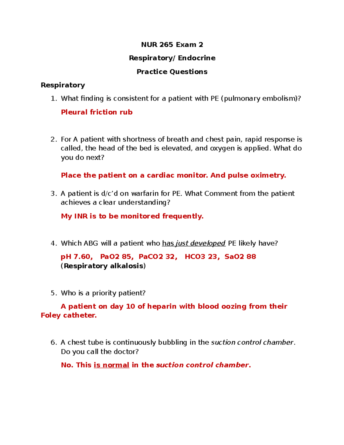 NUR 265 Exam 2 Practice Questions: Respiratory & Endocrine Focus - Studocu