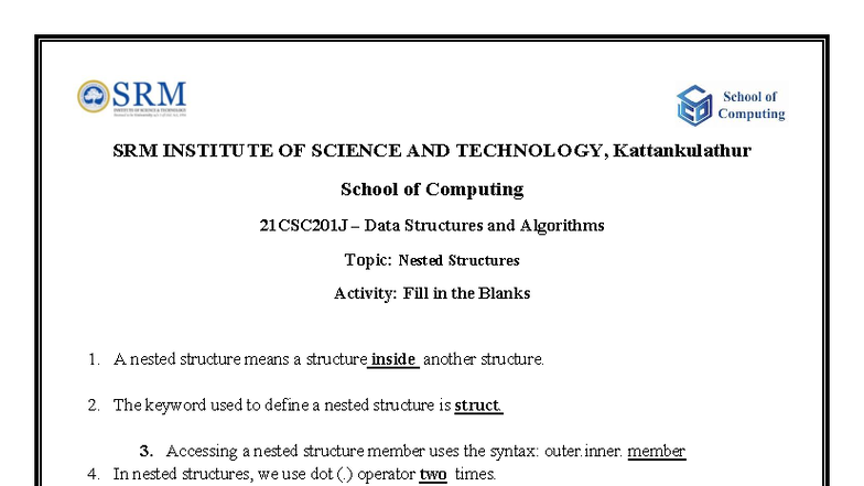 21CSC201J Data Structures & Algorithms: Nested Structures Activity - Studocu