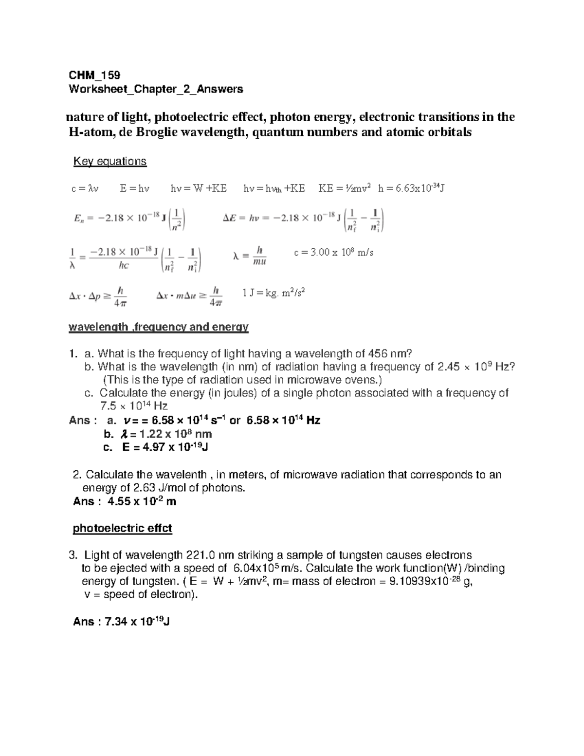 Worksheet CHM 2: Nature of Light & Photoelectric Effect Answers - Studocu