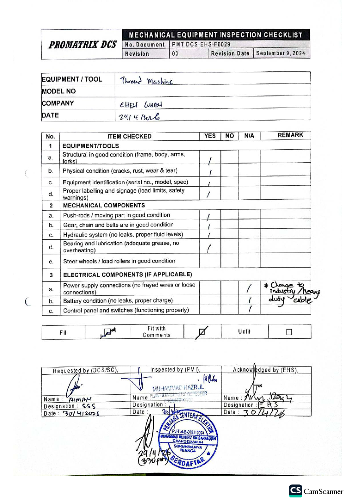 MECH 101: Mechanical Equipment Inspection Checklist - Revision 00 - Studocu