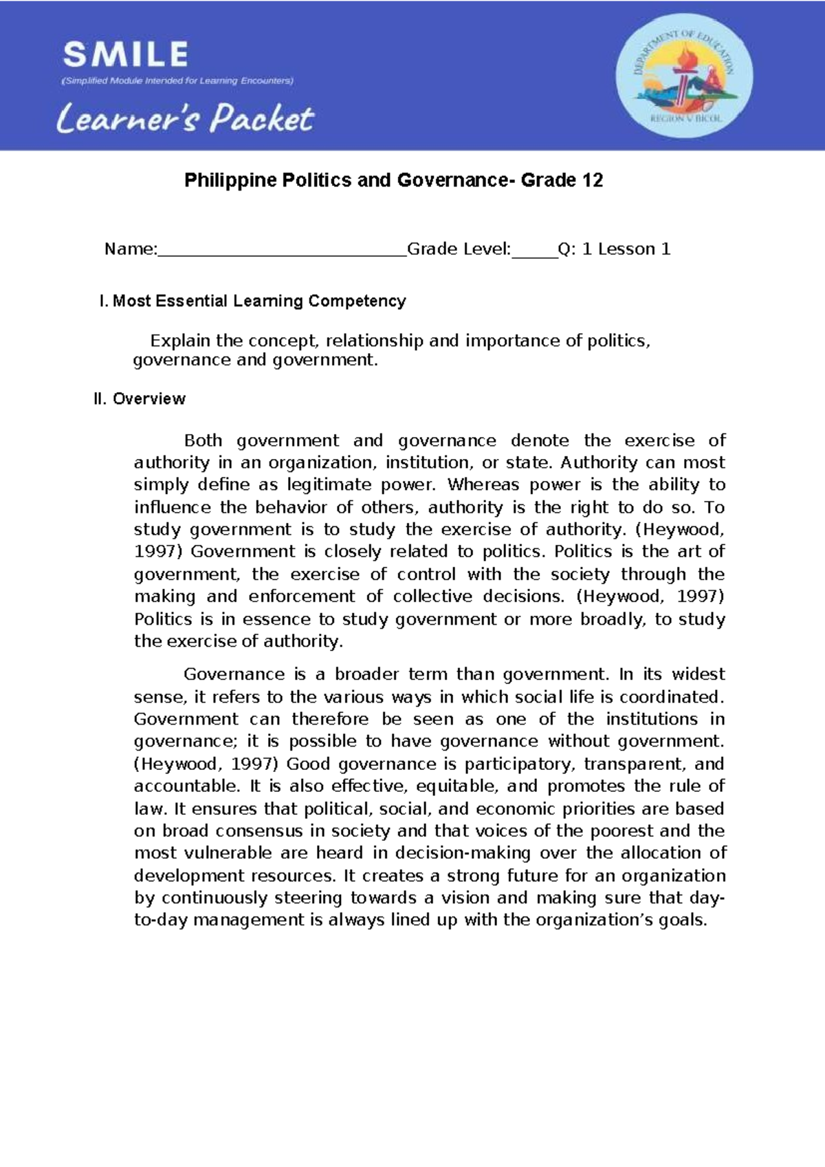 Grade 12 Lesson 1: Understanding Politics, Governance, and Government ...