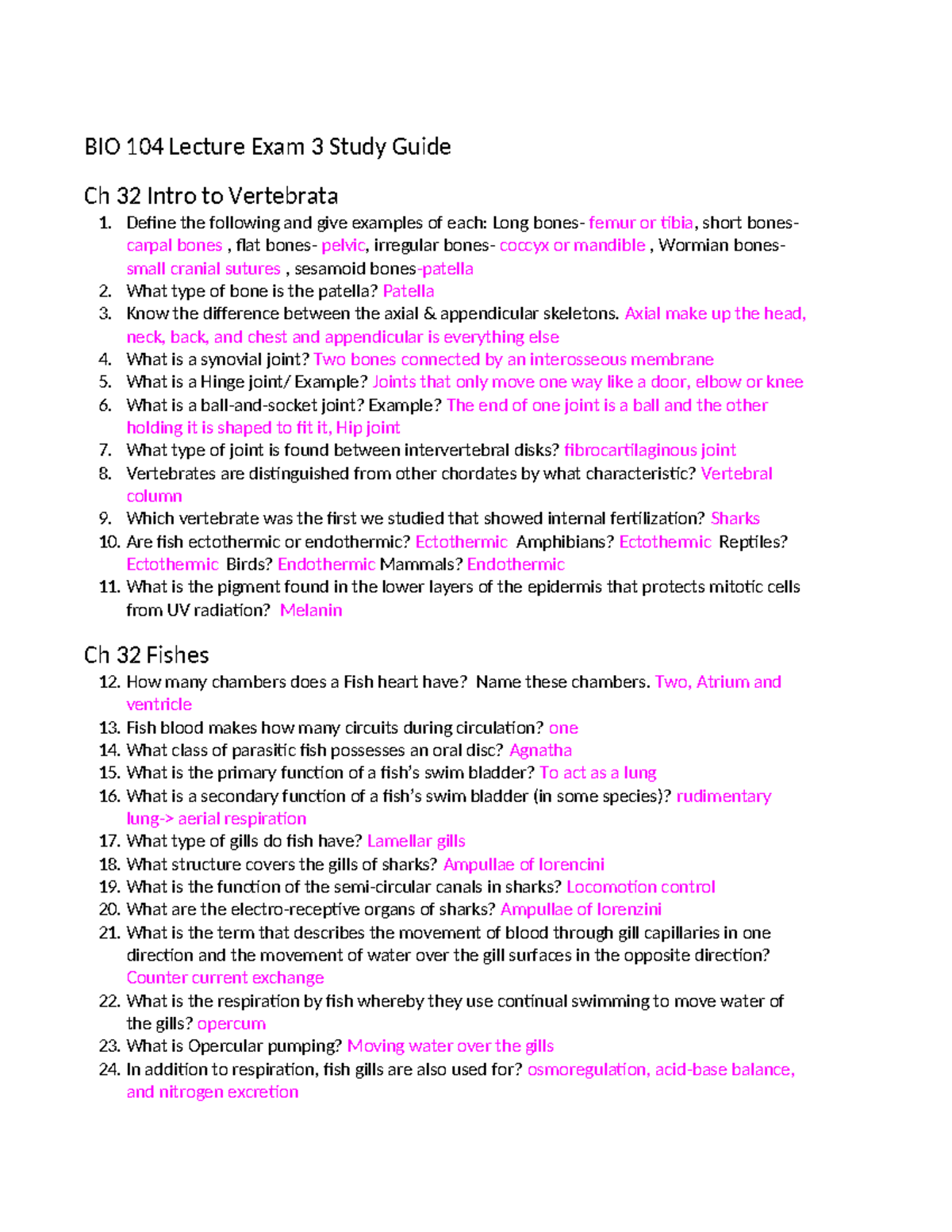 BIO 104 Lecture Exam 3 Study Guide: Vertebrates & Their Features - Studocu