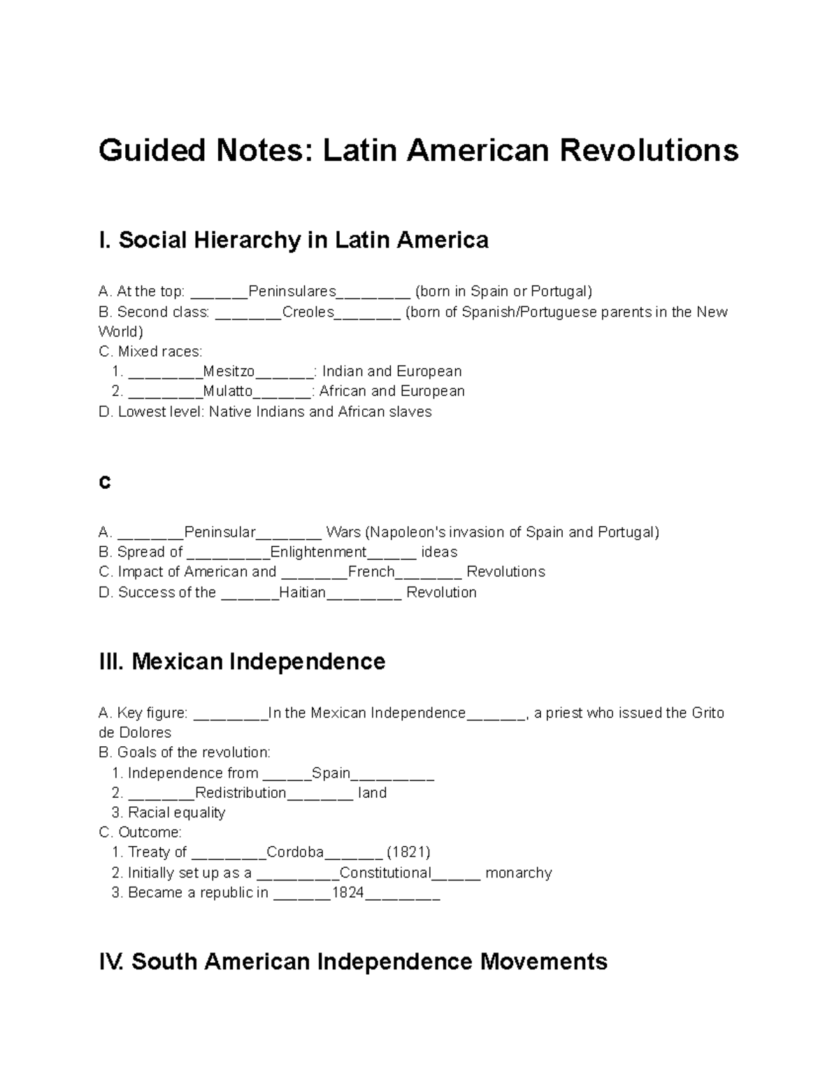 Sincere Jones - Latin American Revolutions Notes - Guided Notes: Latin ...