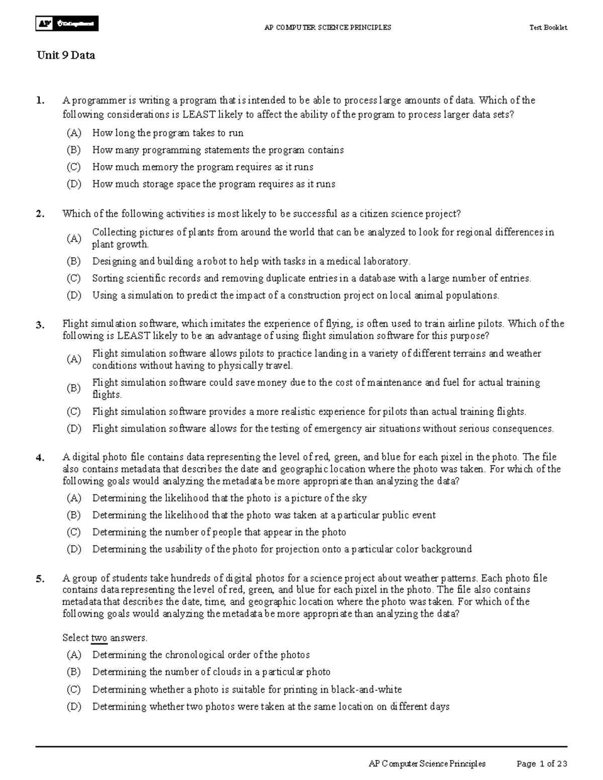 AP COMPUTER SCIENCE PRINCIPLES Unit 9 Data Exam Review - Studocu