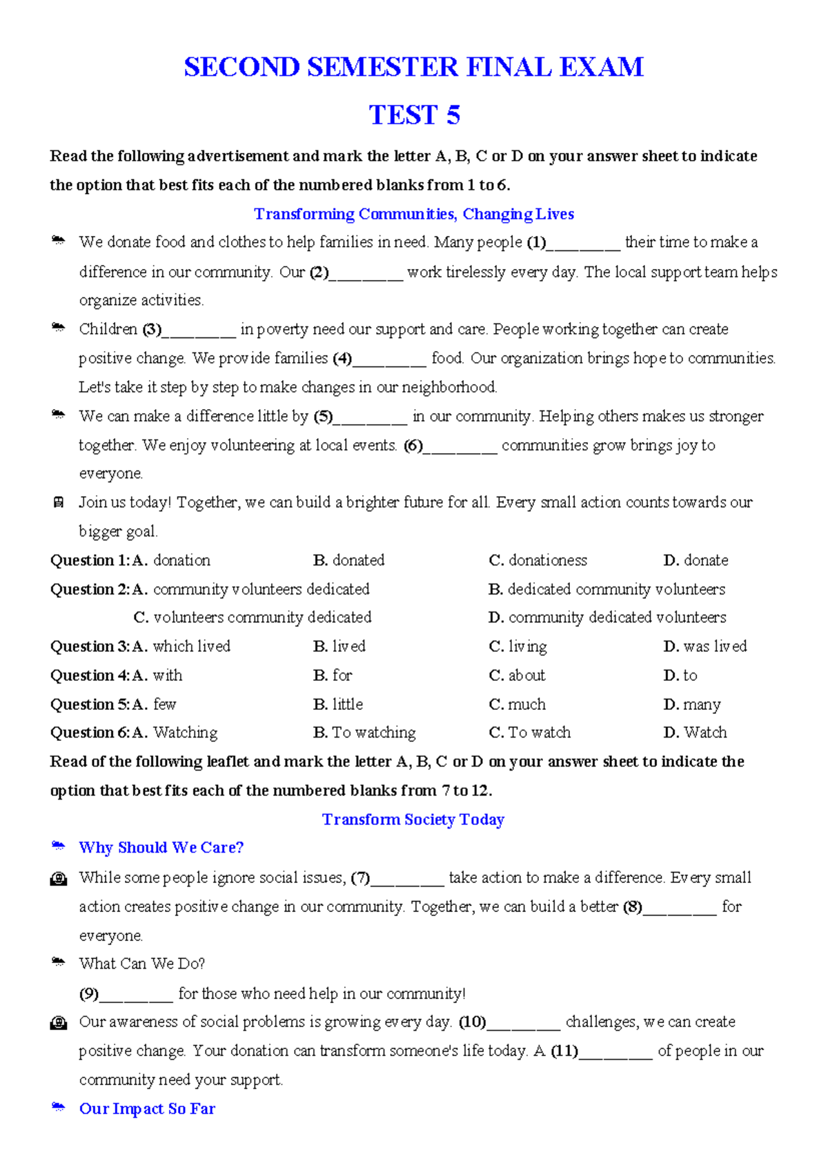 Second Semester Final Exam Grade 11 Test 5: Community and Environmental ...