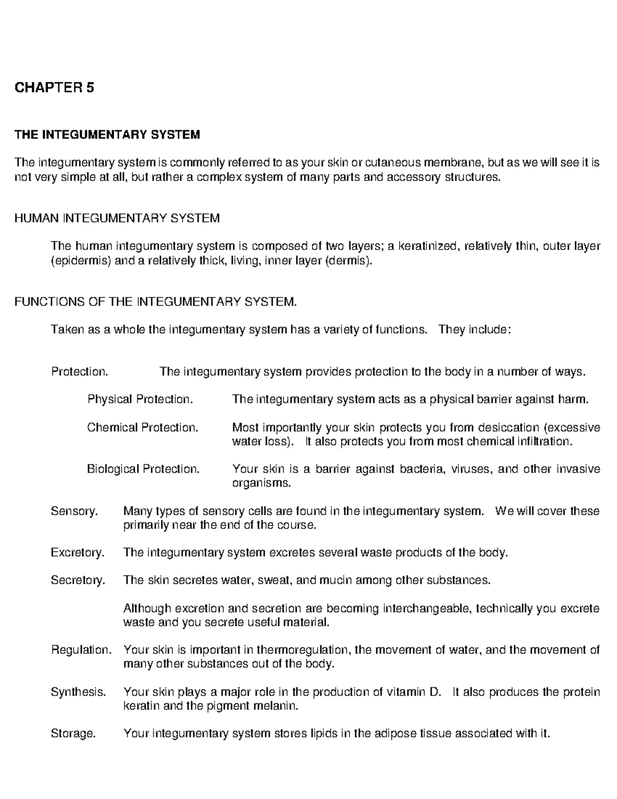 HUMAN ANATOMY: CHAPTER 5 - INTEGUMENTARY SYSTEM OVERVIEW - Studocu