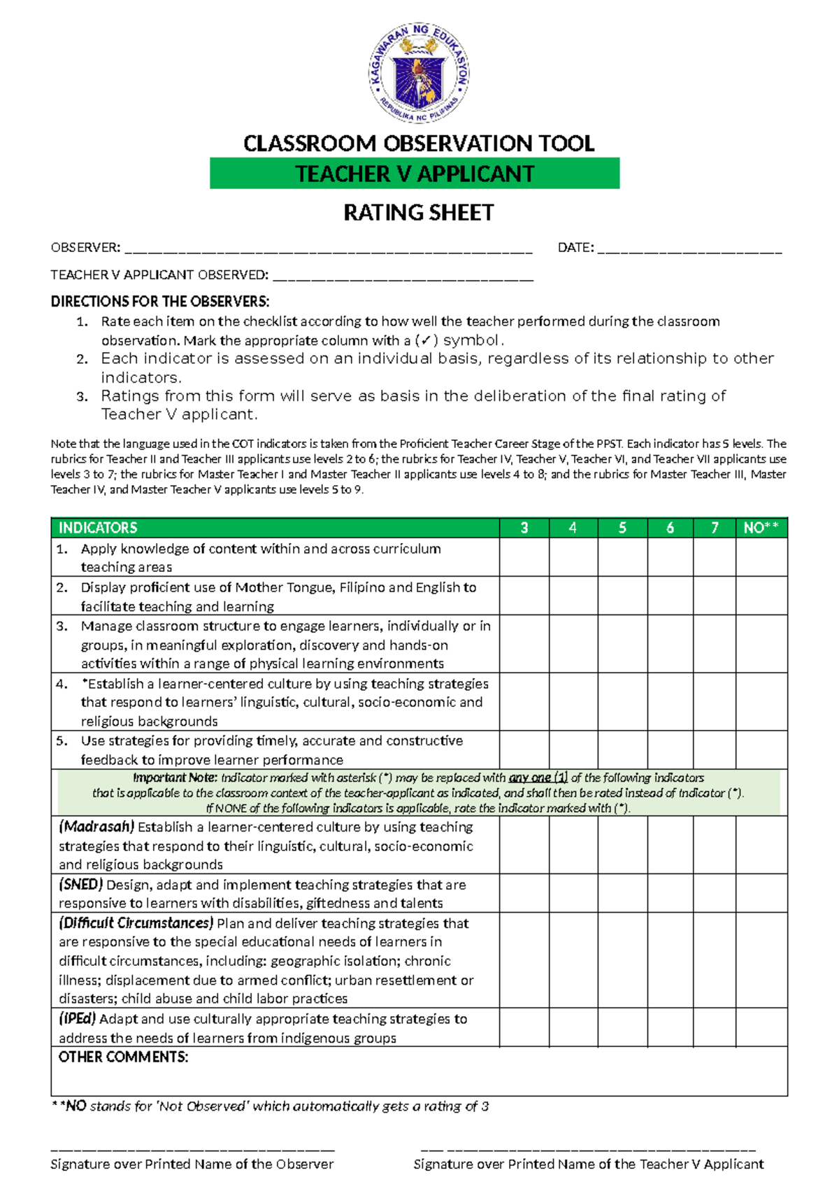 COT-R Rating Sheet for Teacher V Applicants: Observer Guidelines - Studocu