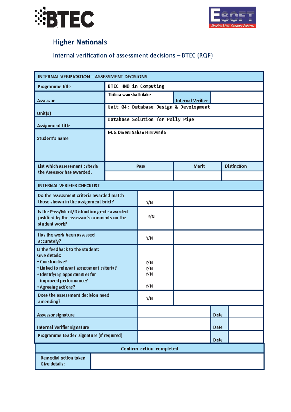 E163365 Data Base Assignment - Higher Nationals Internal verification ...