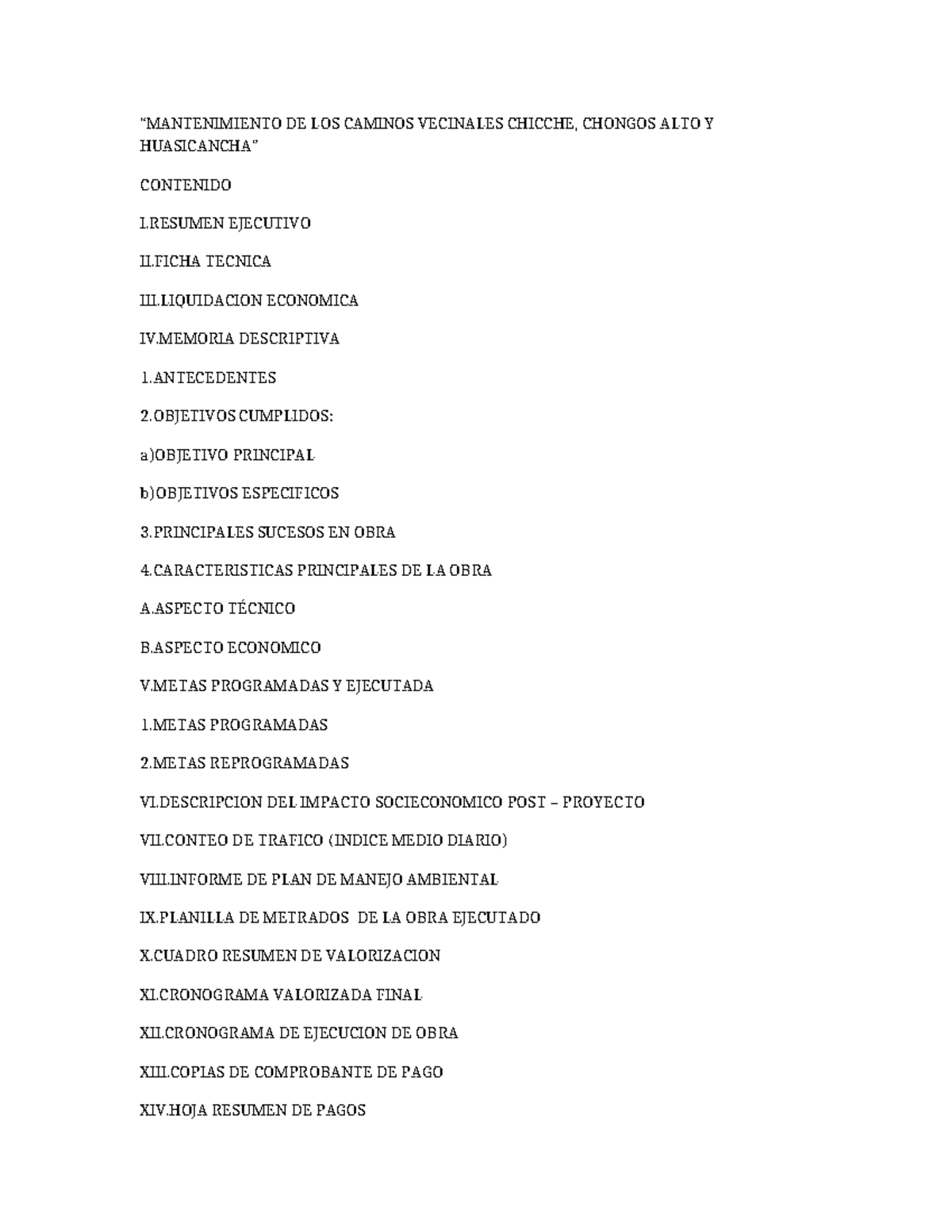 Informe de Liquidación de Obra: Caminos Vecinales Chicche y Chongos ...