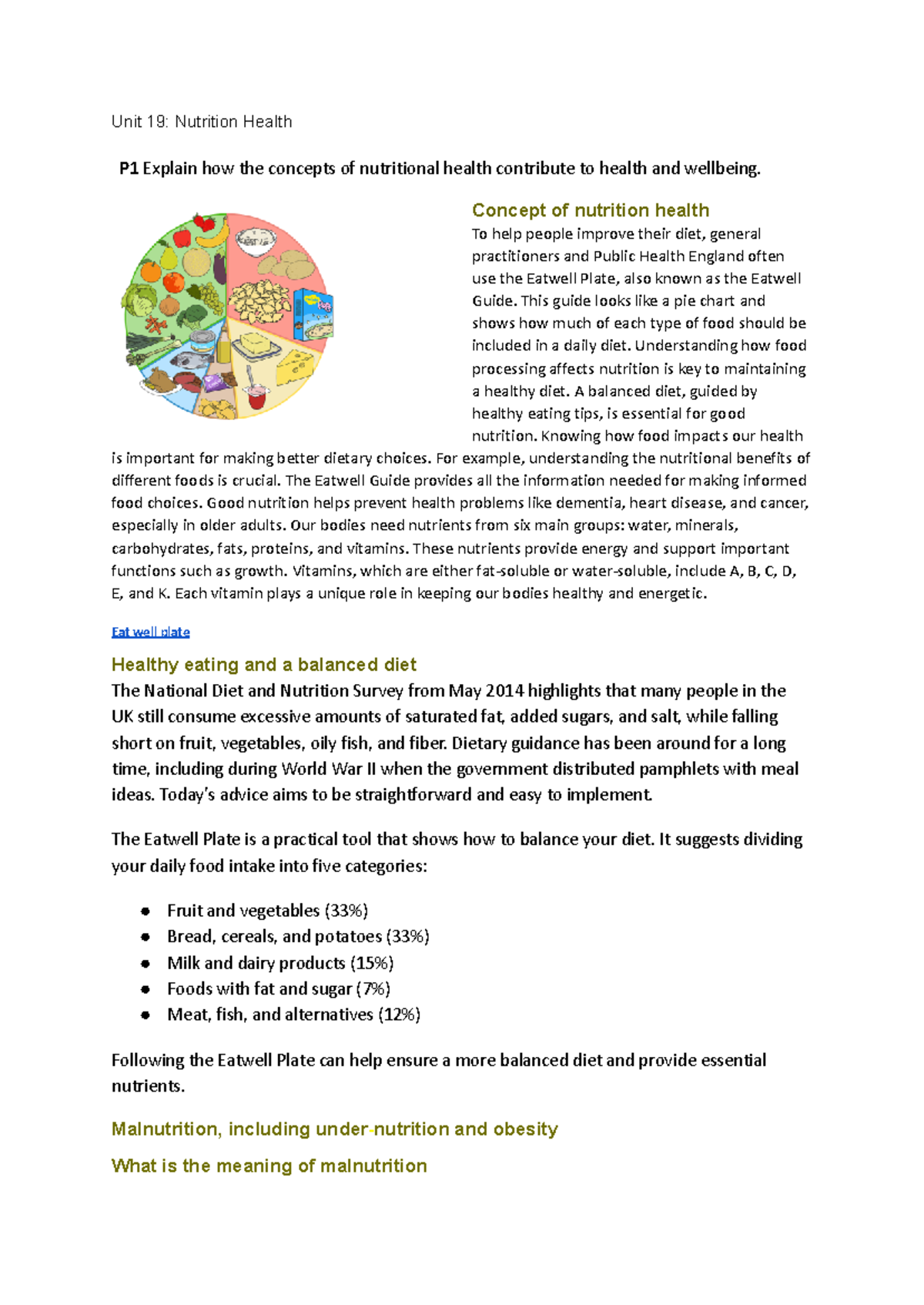 Unit 19: Examining Nutritional Health for Wellbeing and Diet - Studocu