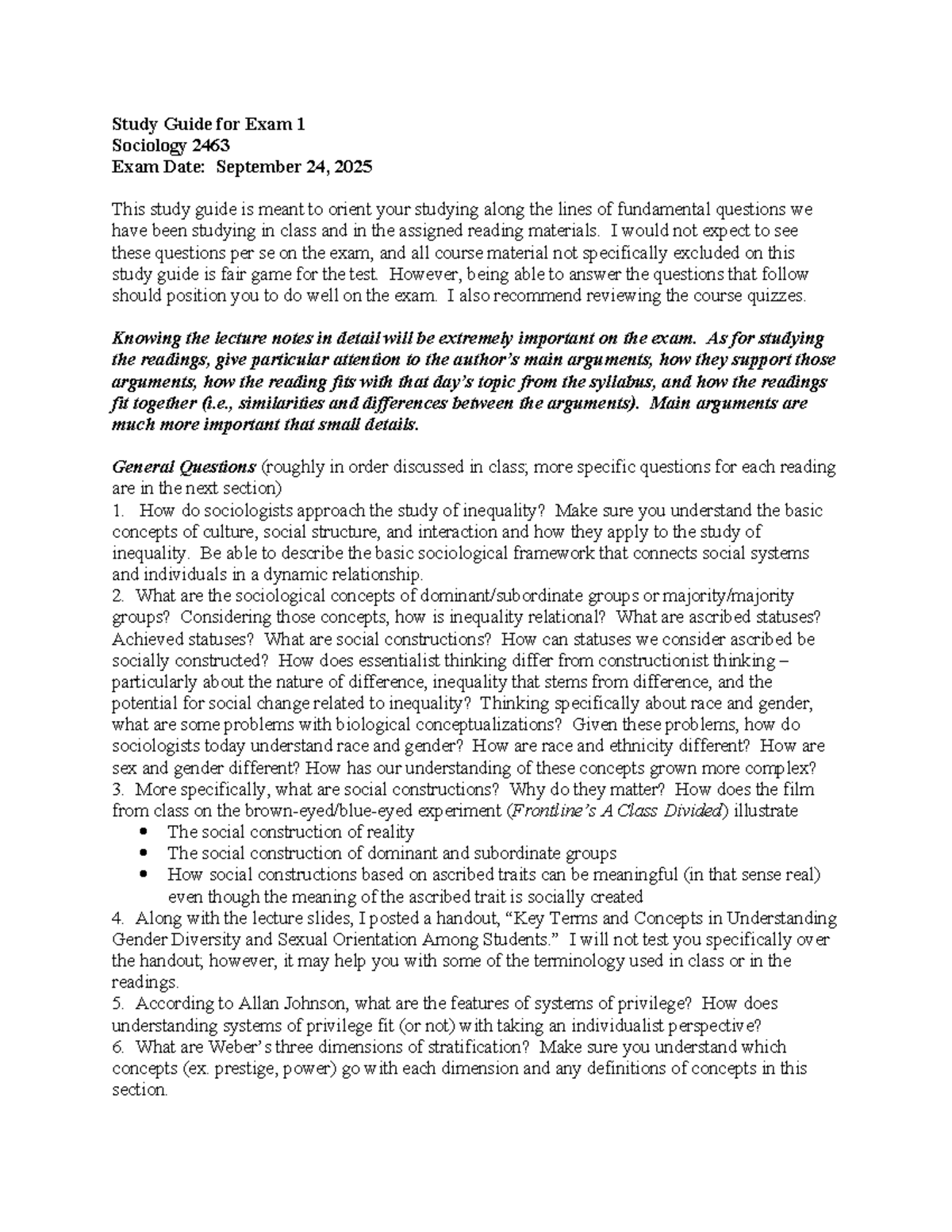 Sociology 2463: Study Guide for Exam 1 on Inequality & Stratification ...