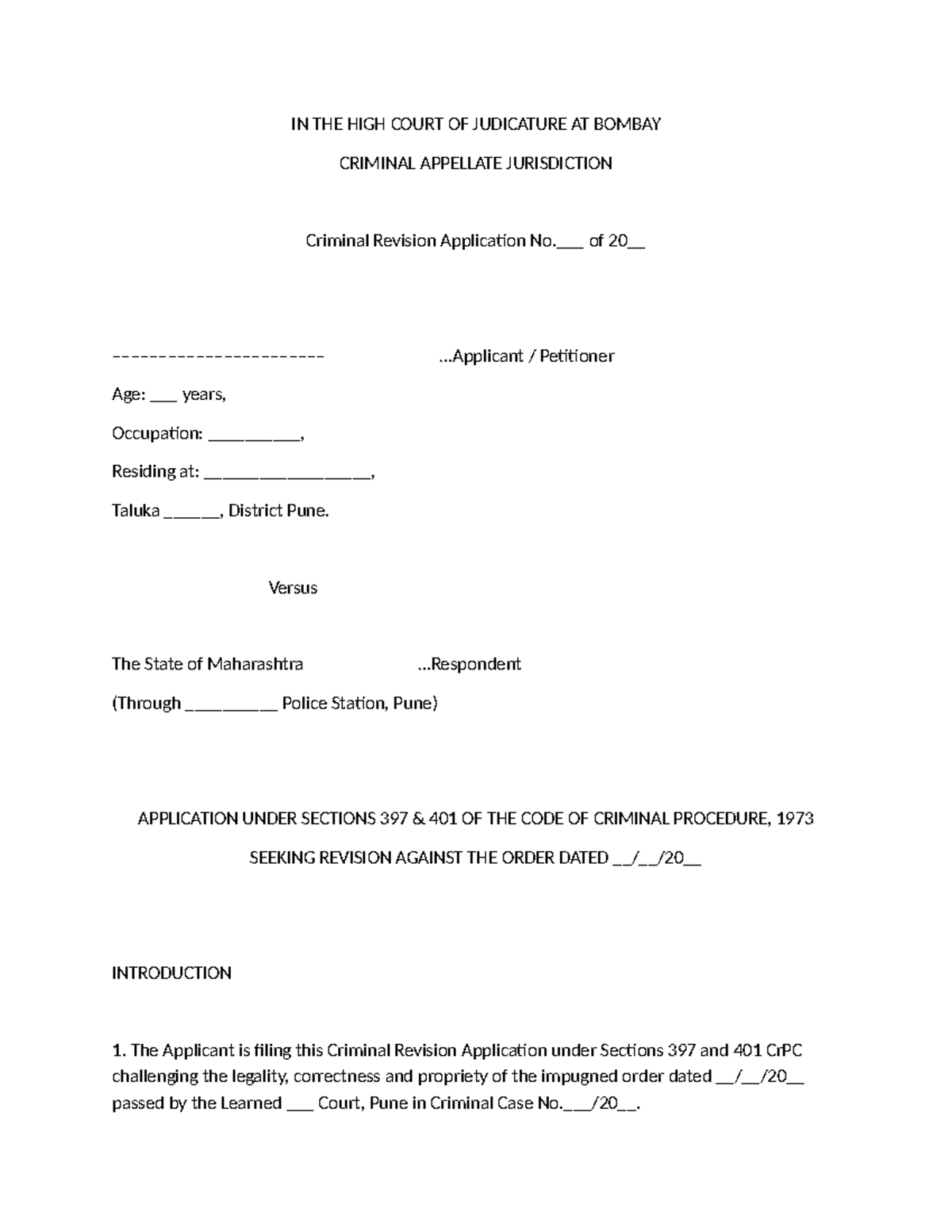Criminal Revision Application Draft (Sec. 397/401 CrPC) - Pune - Studocu
