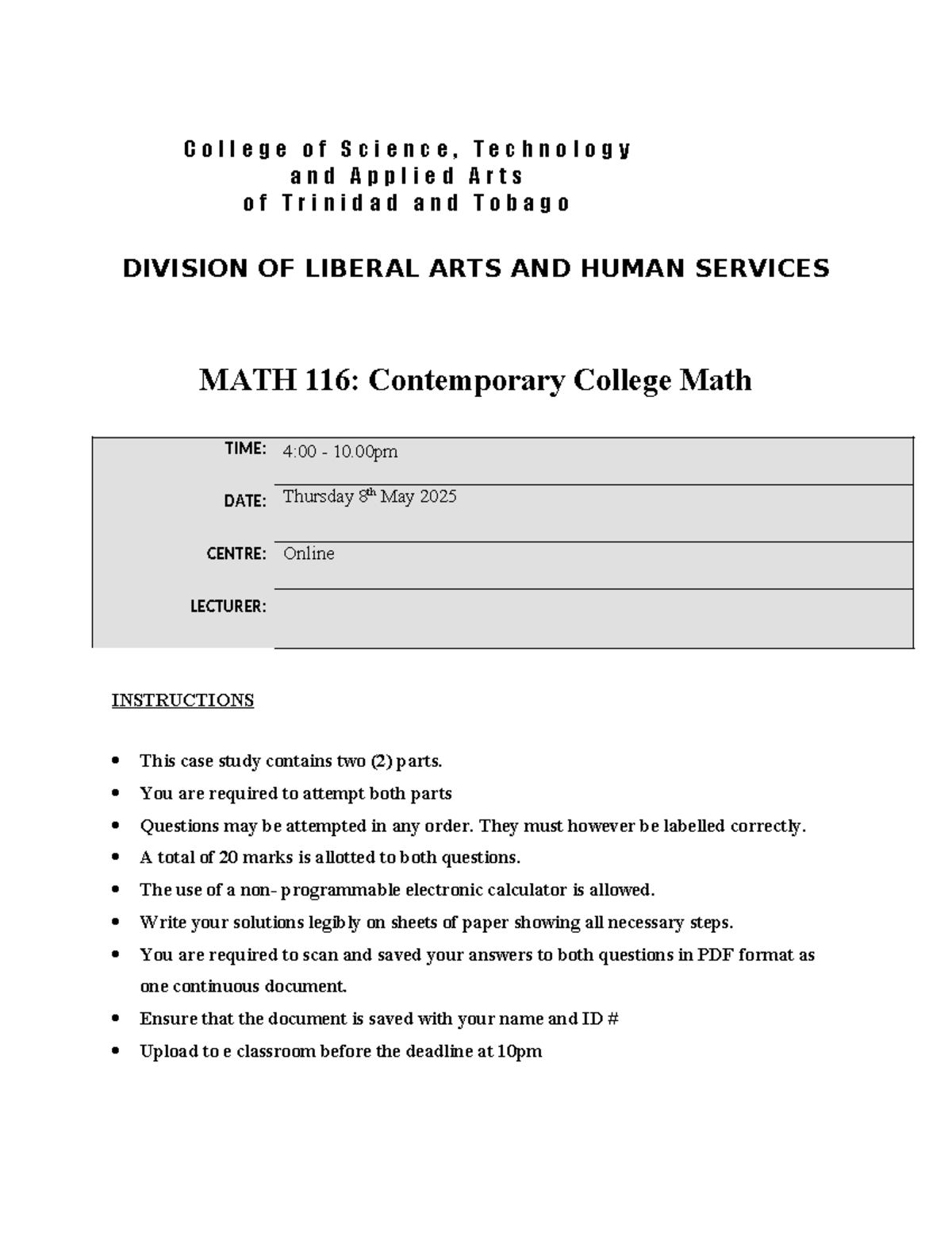 Case Study for MATH 116: Contemporary College Math Final Exam - Studocu