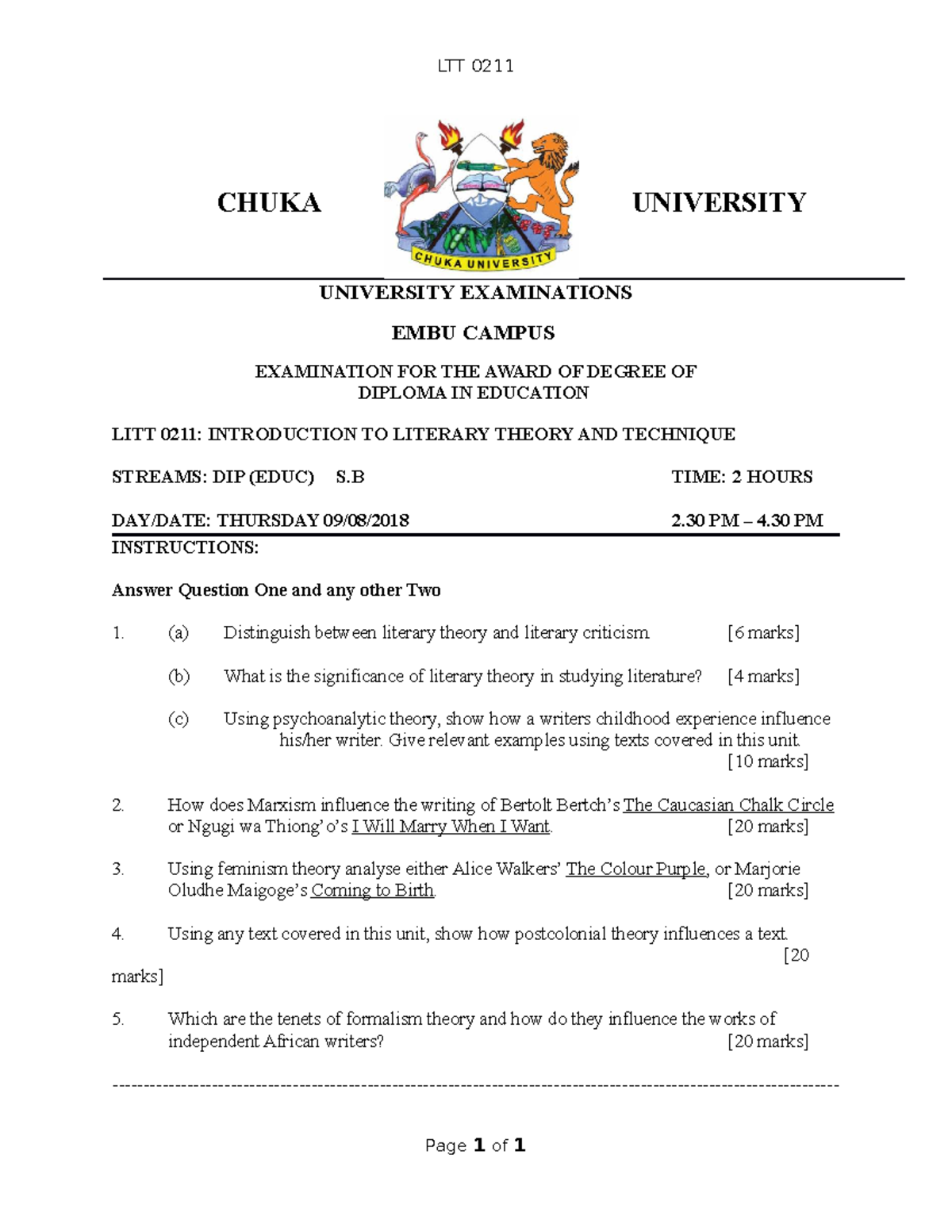 LITT 0211 - Past paper - LTT 0211 CHUKA UNIVERSITY UNIVERSITY ...