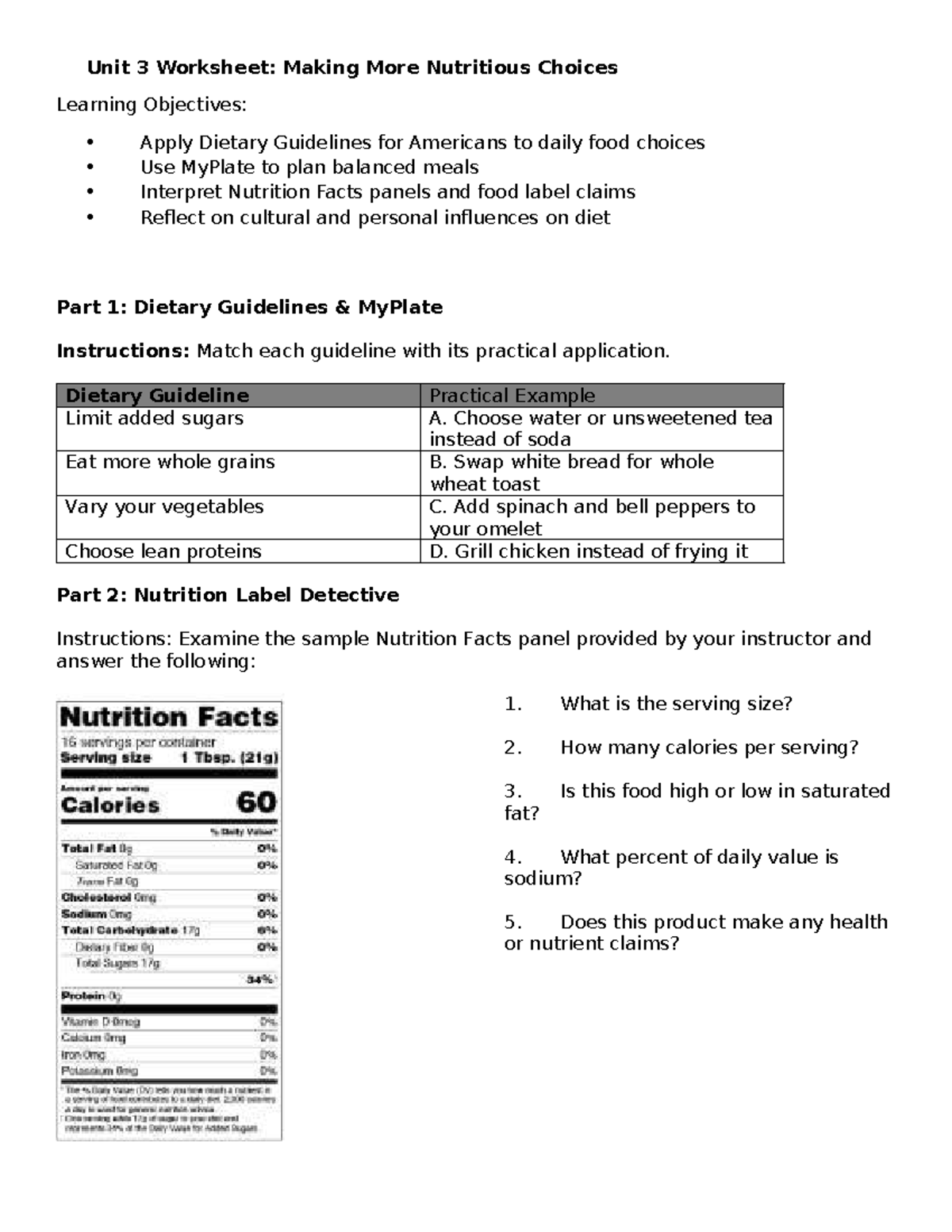 Unit 3 Worksheet: Making Nutritious Choices and Meal Planning - Studocu